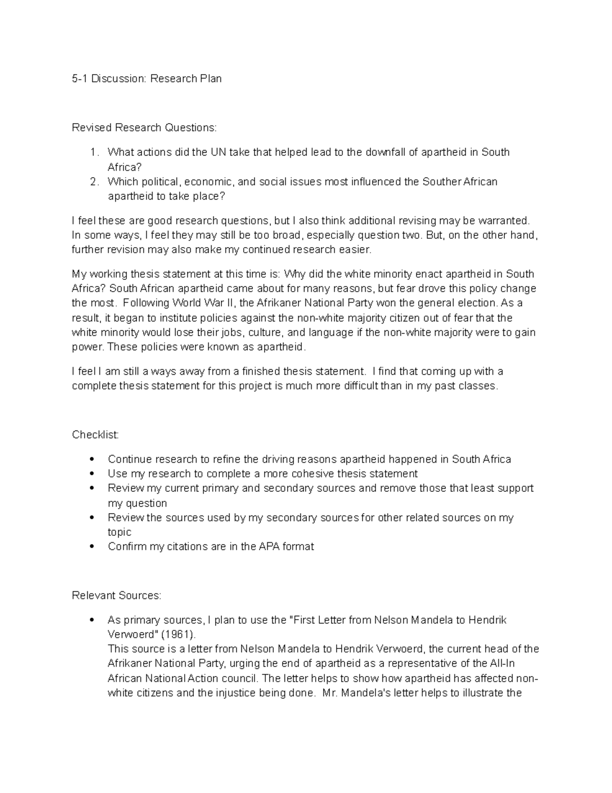 Module 5 Discussion Post - 5-1 Discussion: Research Plan Revised ...