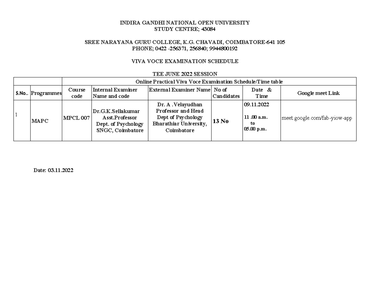MAPC - I Year - Practical VIVA -VOCE EXAM - INDIRA GANDHI NATIONAL OPEN UNIVERSITY STUDY CENTRE ...