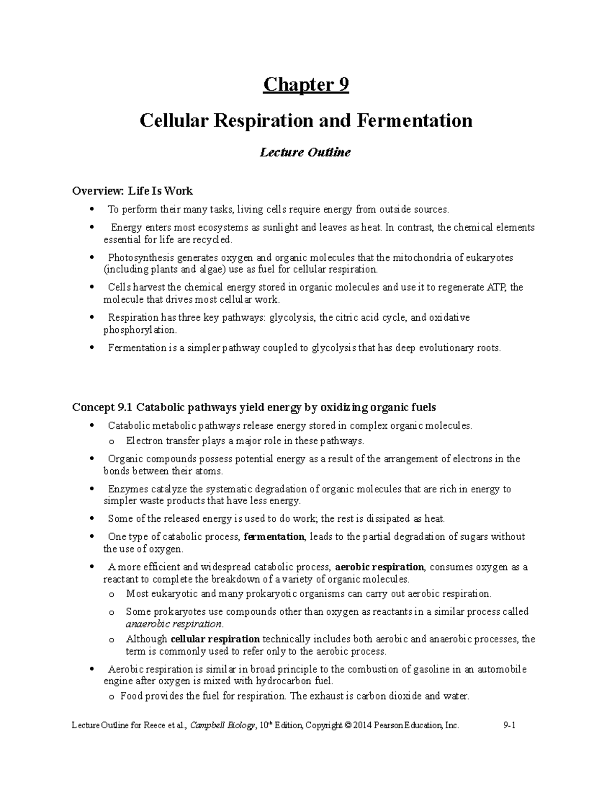 09 Outline Cellular Respiration and Fermentation - Chapter 9 Cellular ...