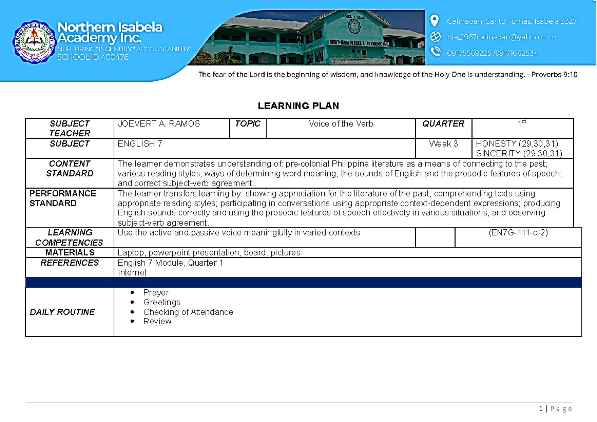 Eng- 7 - Melcs - learning plan - LEARNING PLAN SUBJECT TEACHER JOEVERT ...