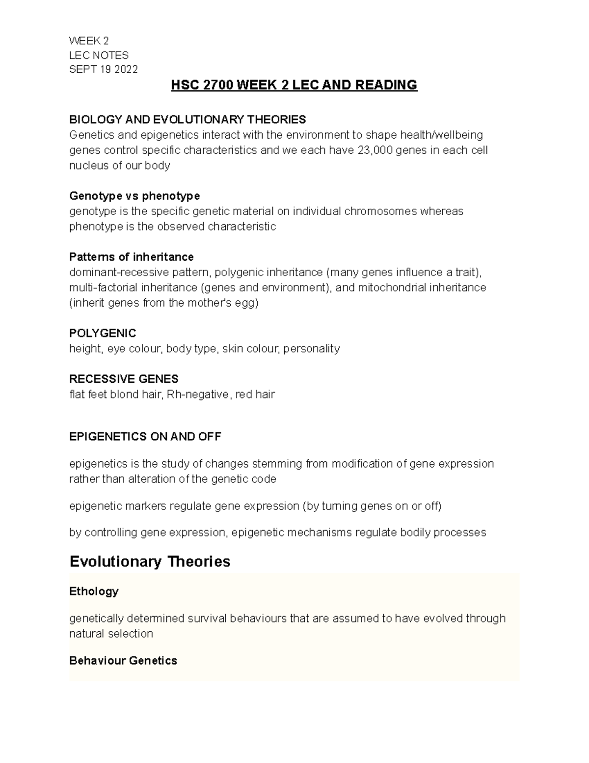 HSC 2700 WEEK 2 LEC AND Reading - WEEK 2 LEC NOTES SEPT 19 2022 HSC ...