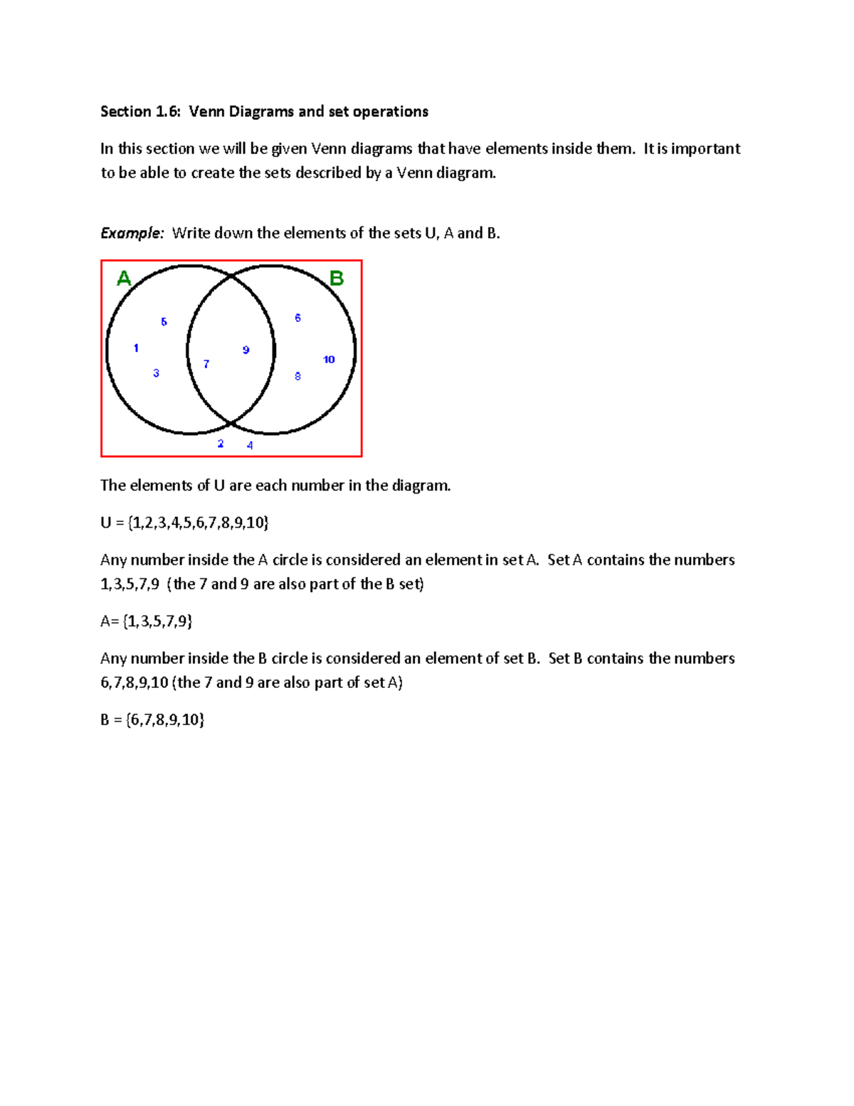 Venn diagrams and set operations worksheet - Section 1: Venn Diagrams ...