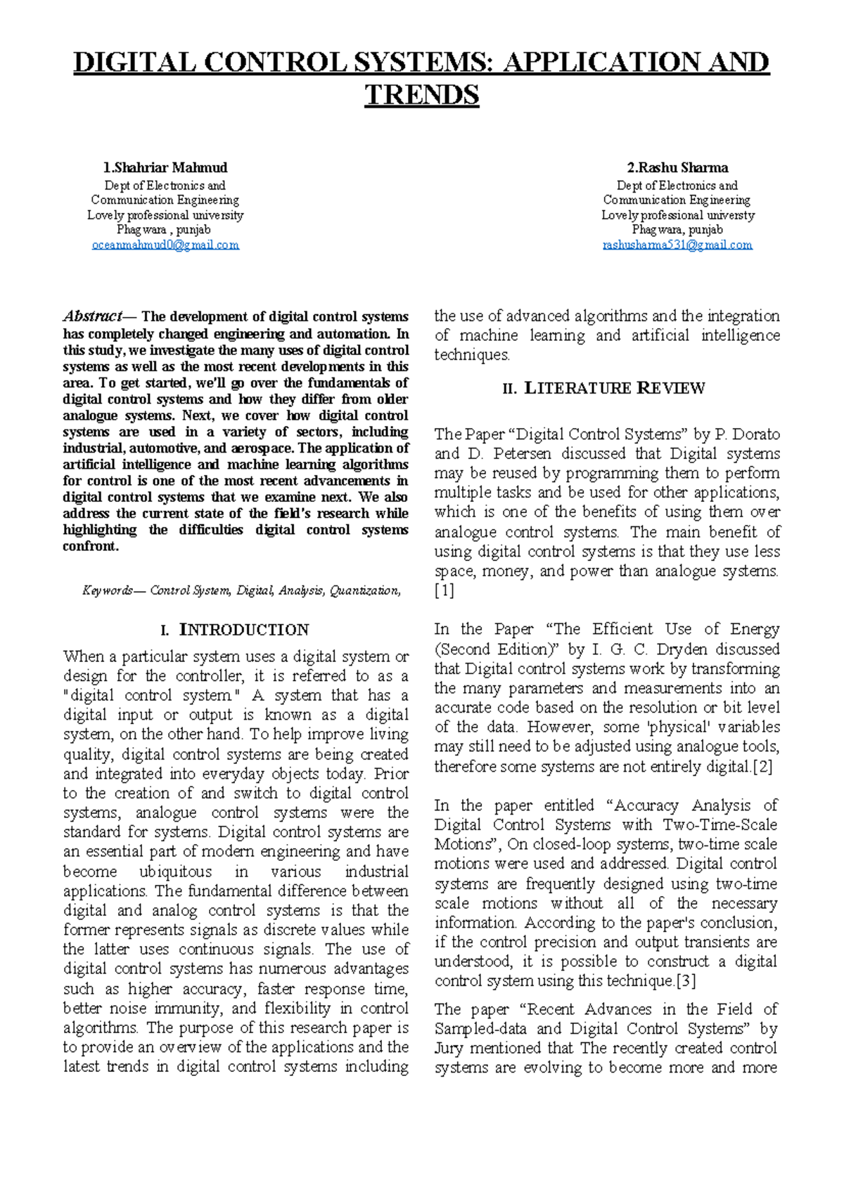 ECE305%68,62 - DIGITAL CONTROL SYSTEMS: APPLICATION AND TRENDS 1 Mahmud ...