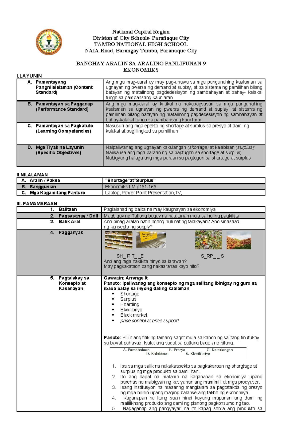 Surplus AND Shortage 8 - DLP for grade 9 quarter 2 - National Capital ...