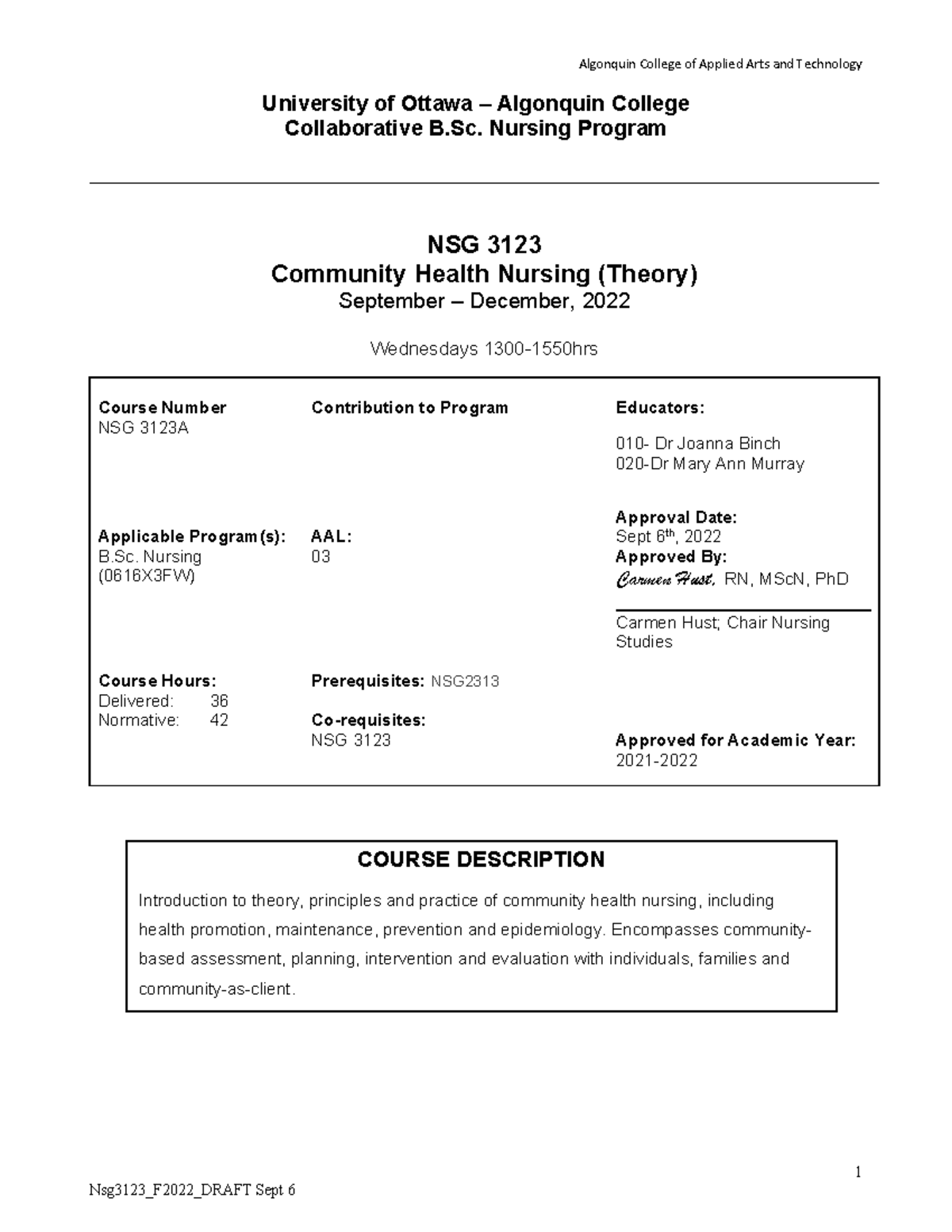 F22 NSG3123 Outline Sept 6 Final - 1 University of Ottawa – Algonquin ...