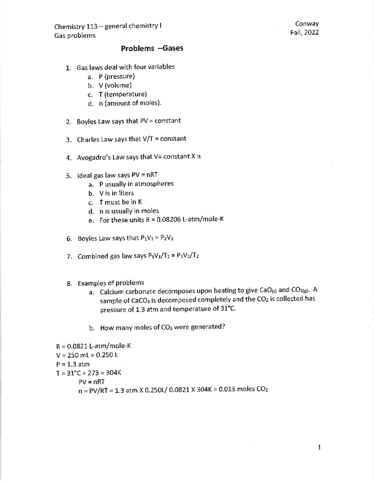 Answers for gas problems - Chemistry 113 general chemistry I Conway Gas ...