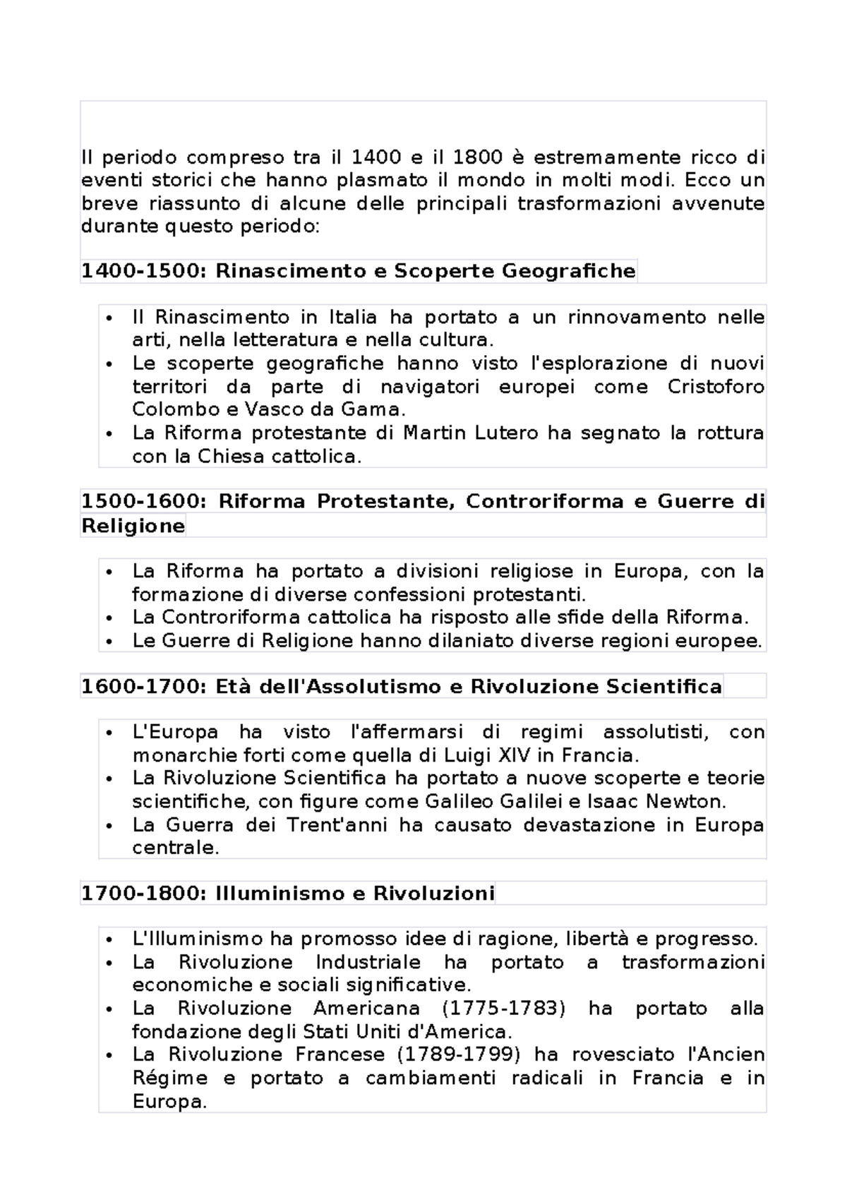 storia moderna riassunto - Il periodo compreso tra il 1400 e il 1800 è ...