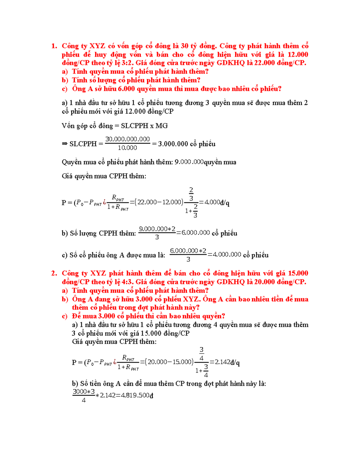 Giai Bai tap C1 TTCK - AAA - 1. Công ty XYZ có vốn góp cổ đông là 30 tỷ đồng. Công ty phát hành ...