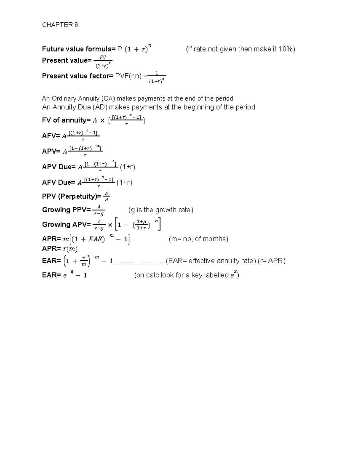 FNCE Formula Sheet - CHAPTER 6 Future value formula= P (1 + 𝑟 ) (if ...