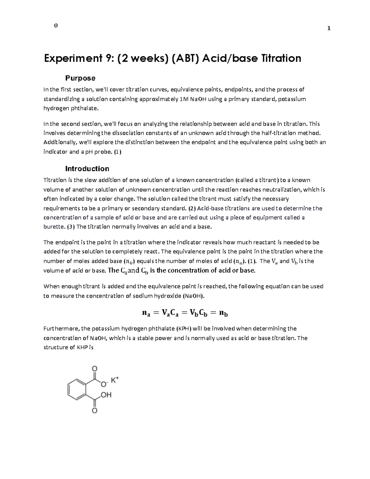 Acid/base titration - 1 Experiment 9: (2 weeks) (ABT) Acid/base ...