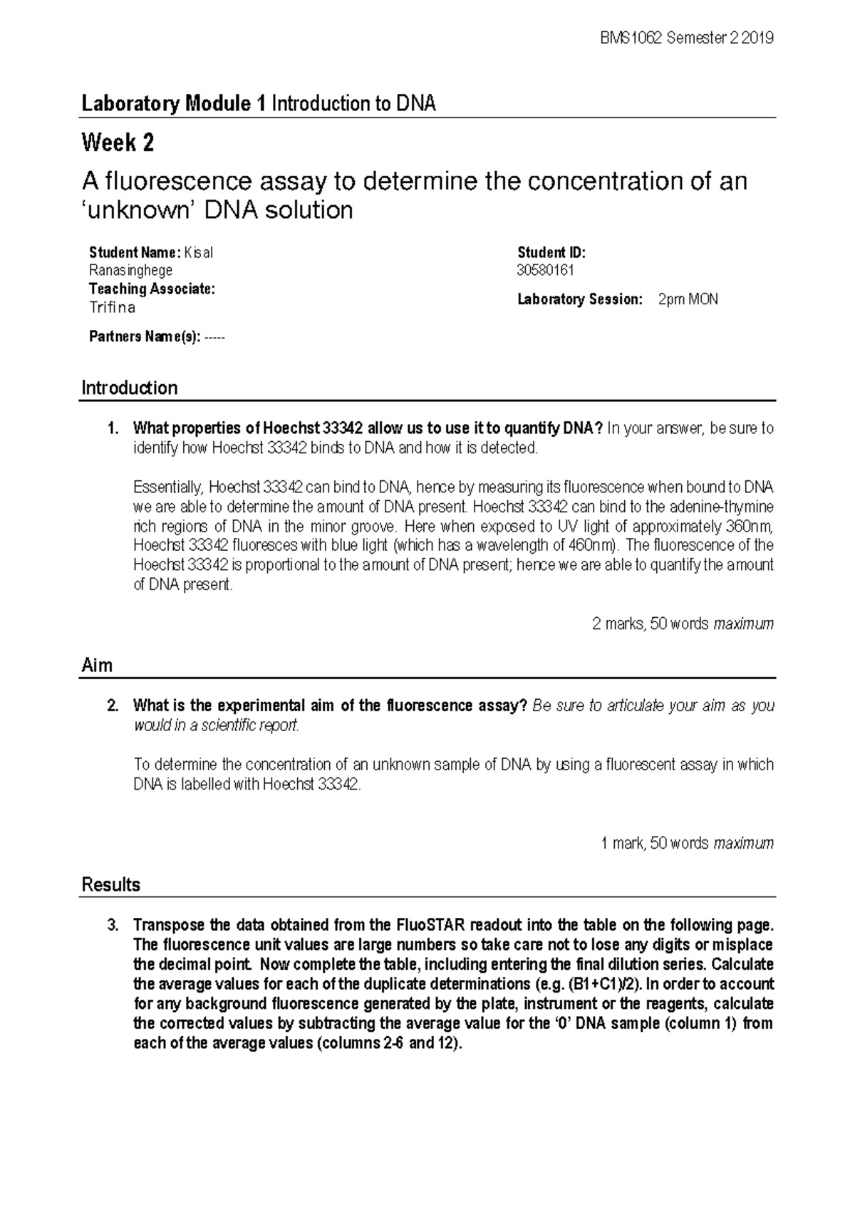Week 2 - Practical Worksheet BMS1062 - BMS1062 Semester 2 2019 ...