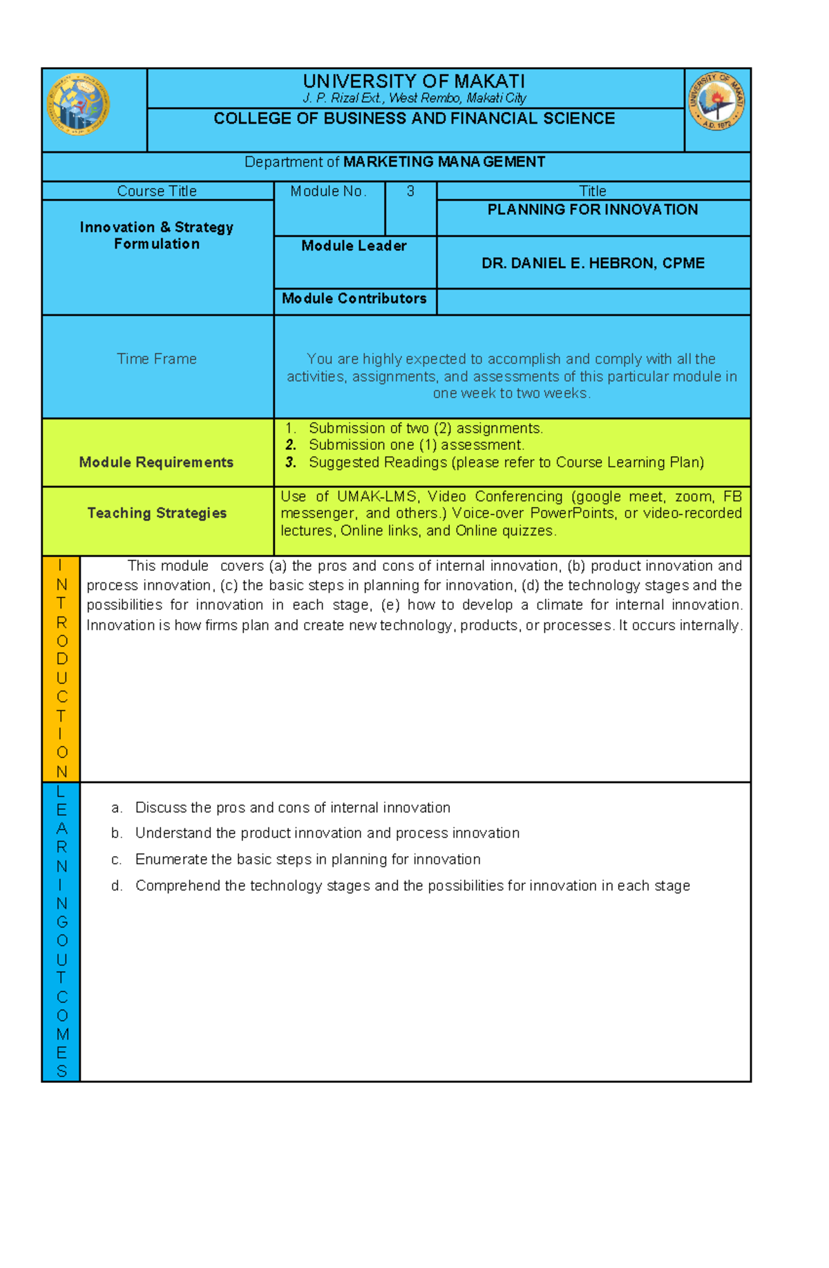 Module 3 Innovation Strategy Formulation - UNIVERSITY OF MAKATI J. P ...