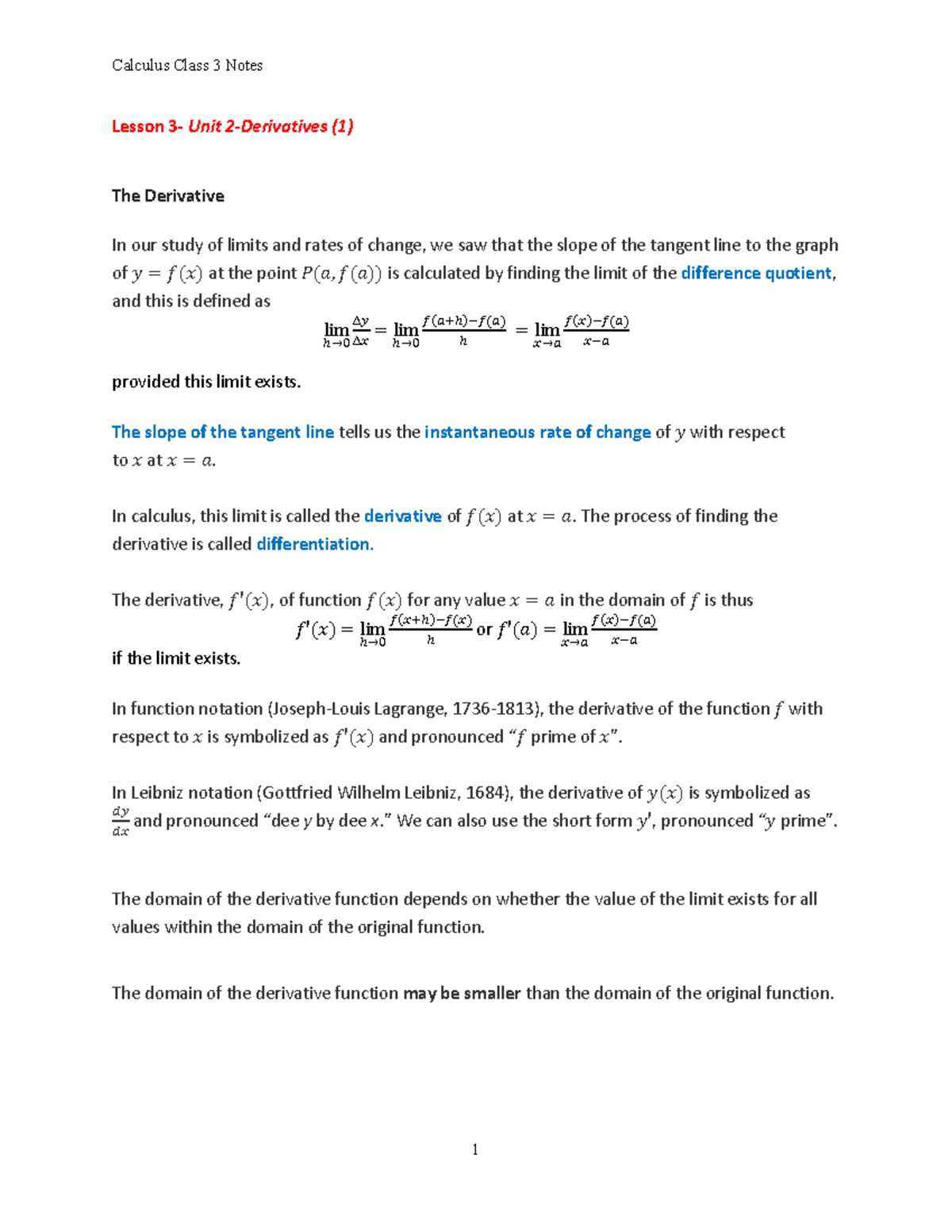 Class 03 Calculus Notes Feb 18-24 - Lesson 3- Unit 2-Derivatives (1 ...