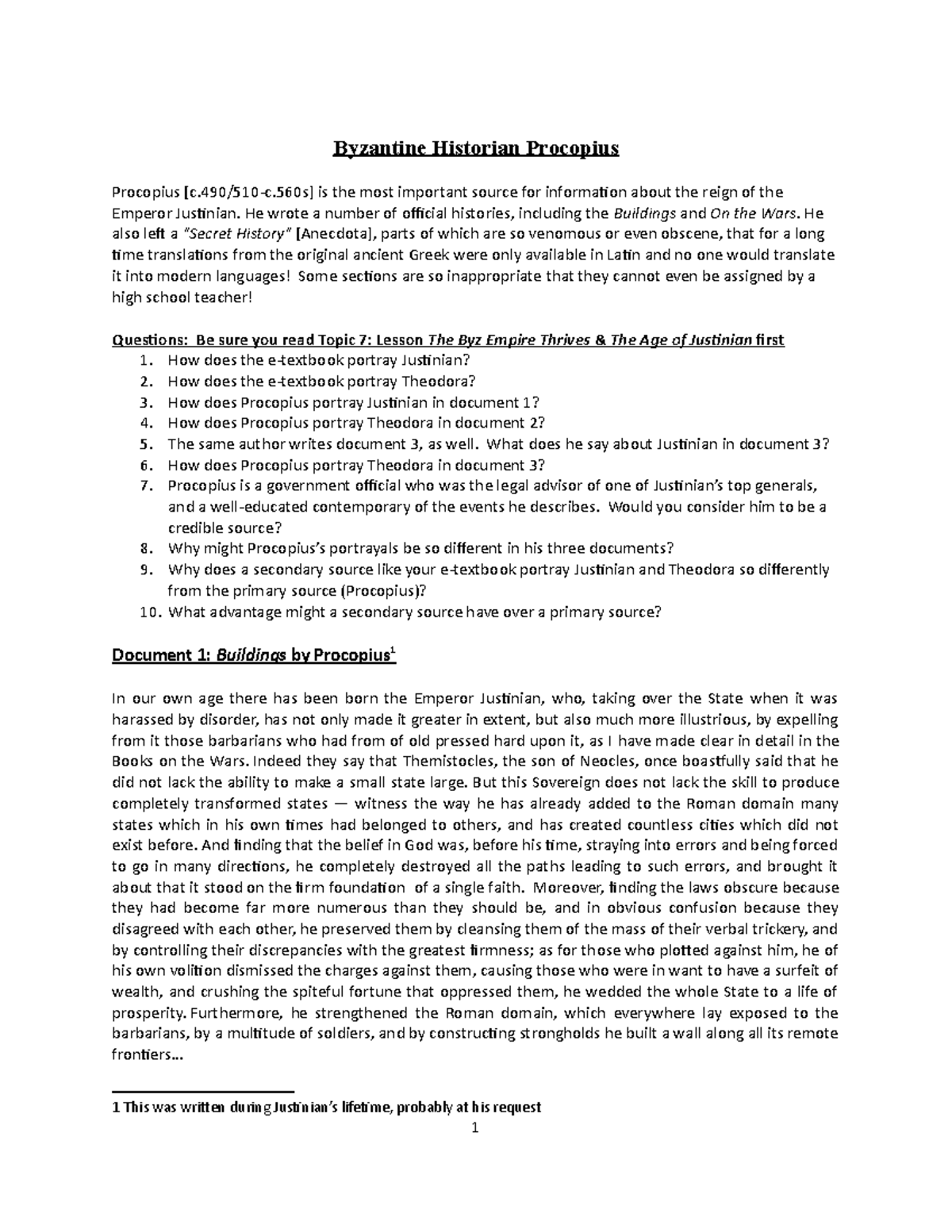 Byz Doc - reading info with questions - Byzantine Historian Procopius ...