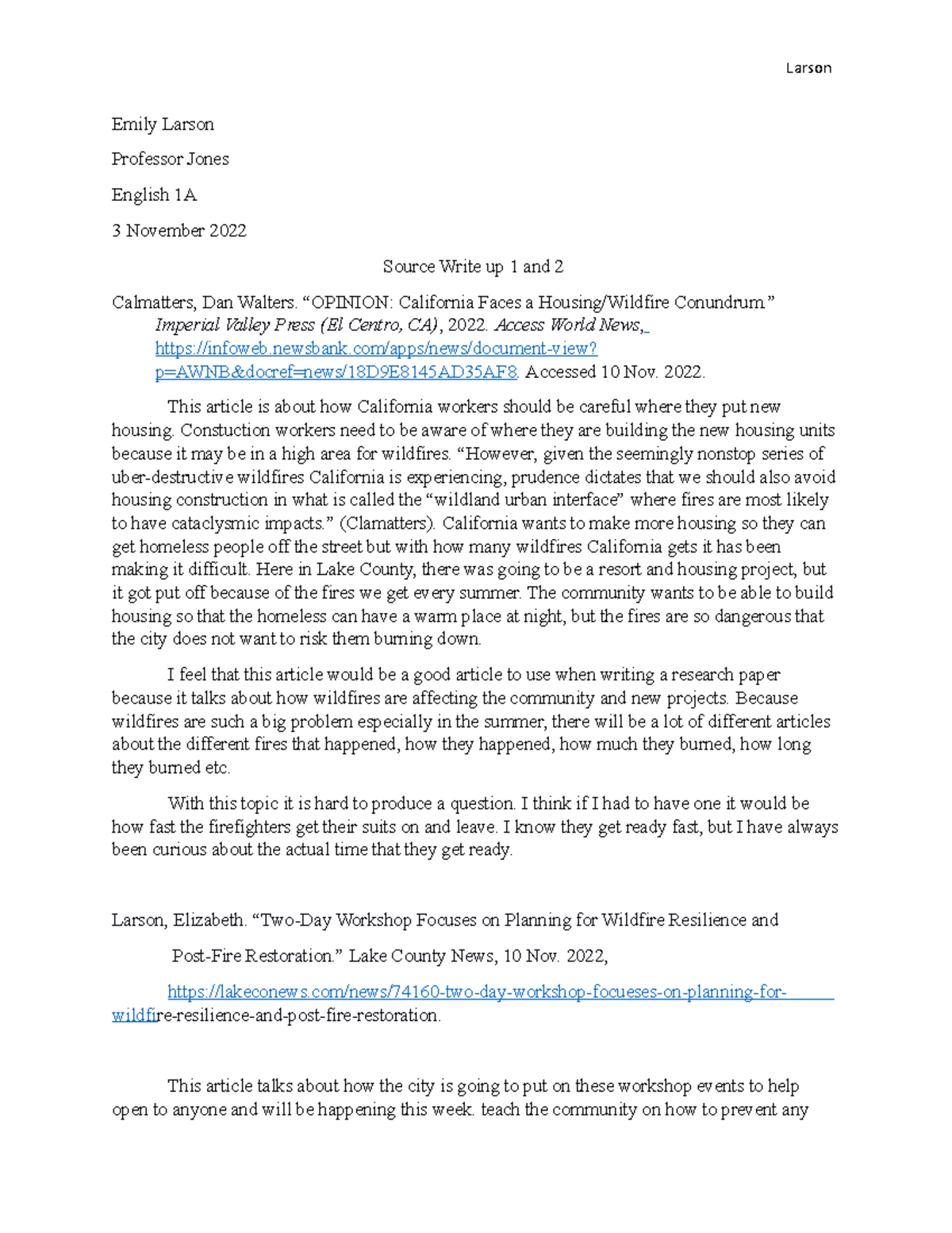 Source write up 1 and 2 - start of research paper - Larson Emily Larson ...