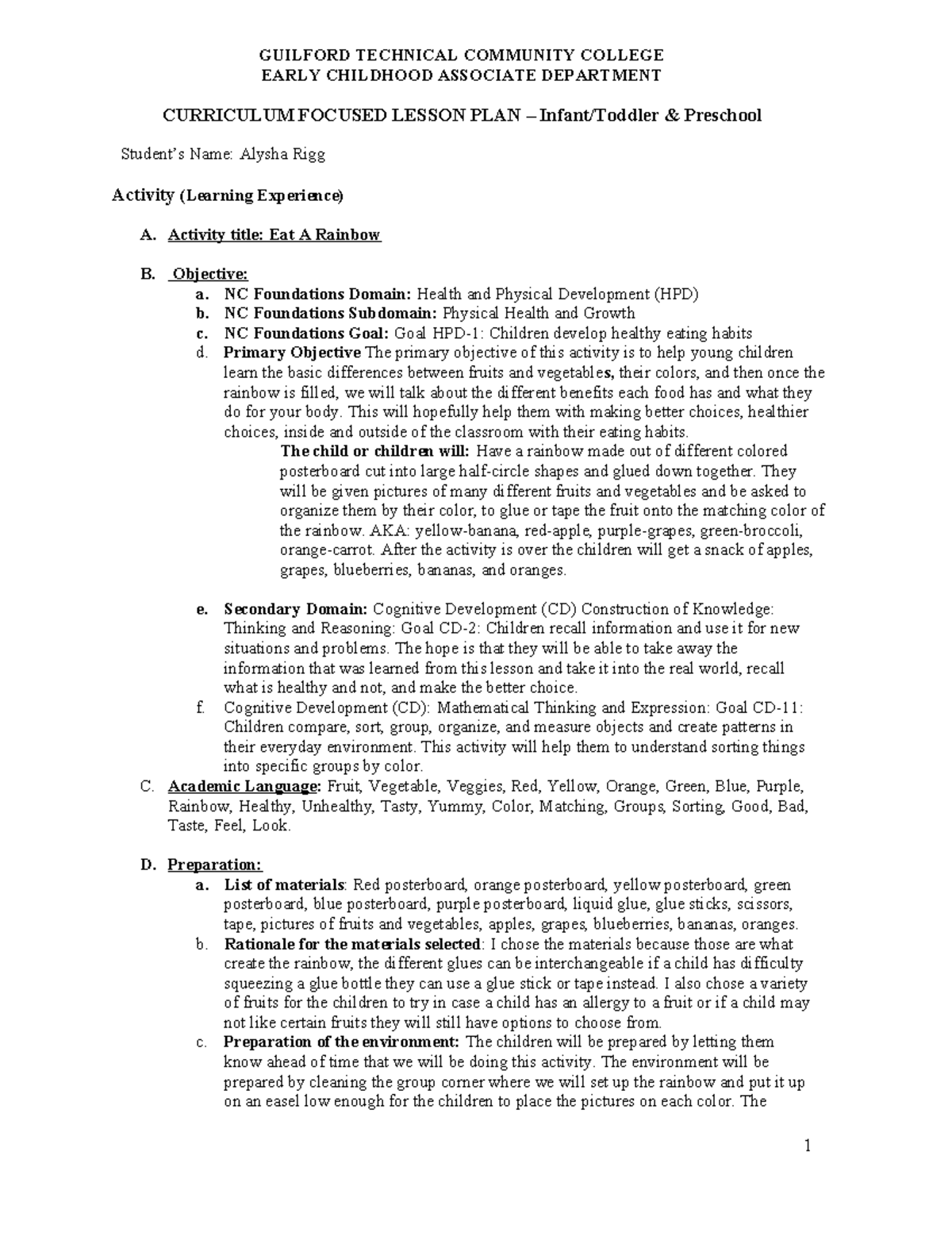 Nutrition Curriculum Focused Lesson Plan - GUILFORD TECHNICAL COMMUNITY ...