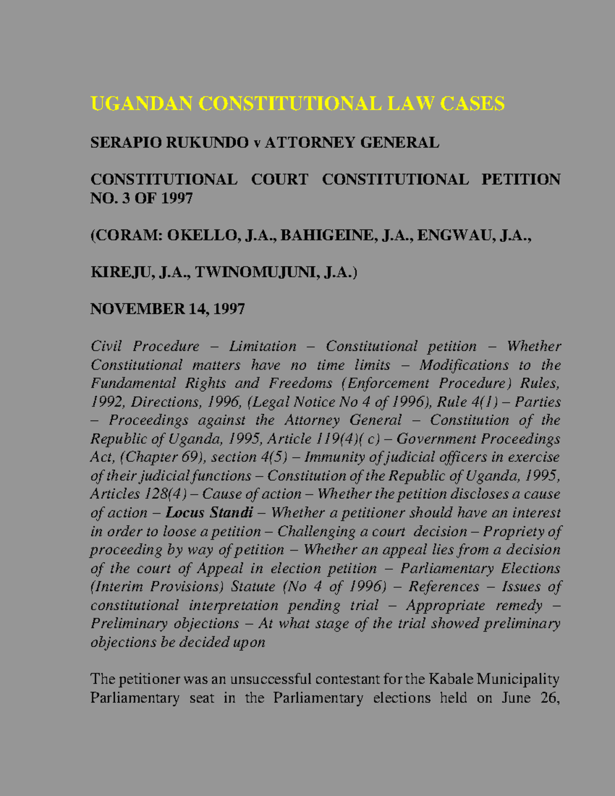Constitutional Law Cases - UGANDAN CONSTITUTIONAL LAW CASES SERAPIO ...
