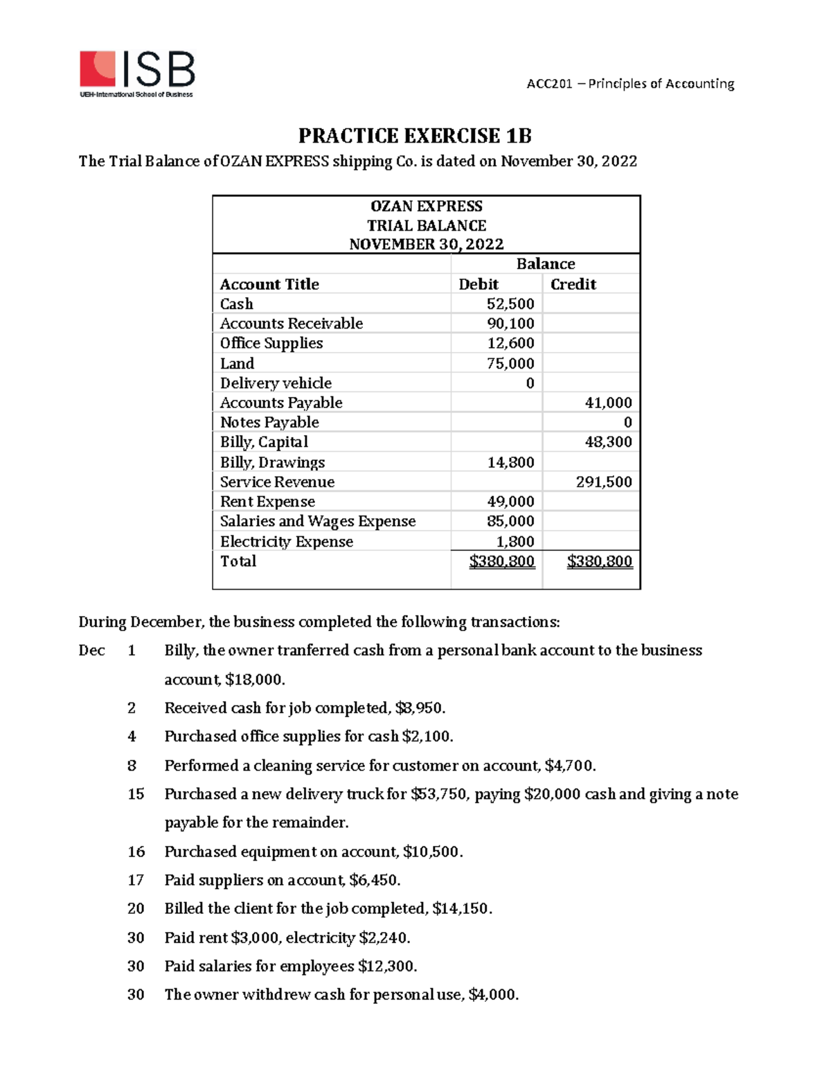 Exercise-1B Q - pa homework - ACC201 – Principles of Accounting ...