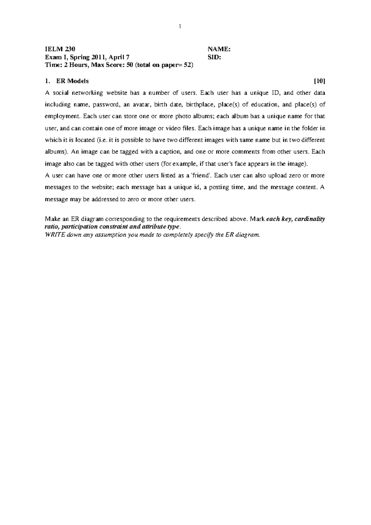 2011 s ex1 - IE Exam I,LM 230 Spring 2011 , April 7 NAME:SID: Time: 2 ...