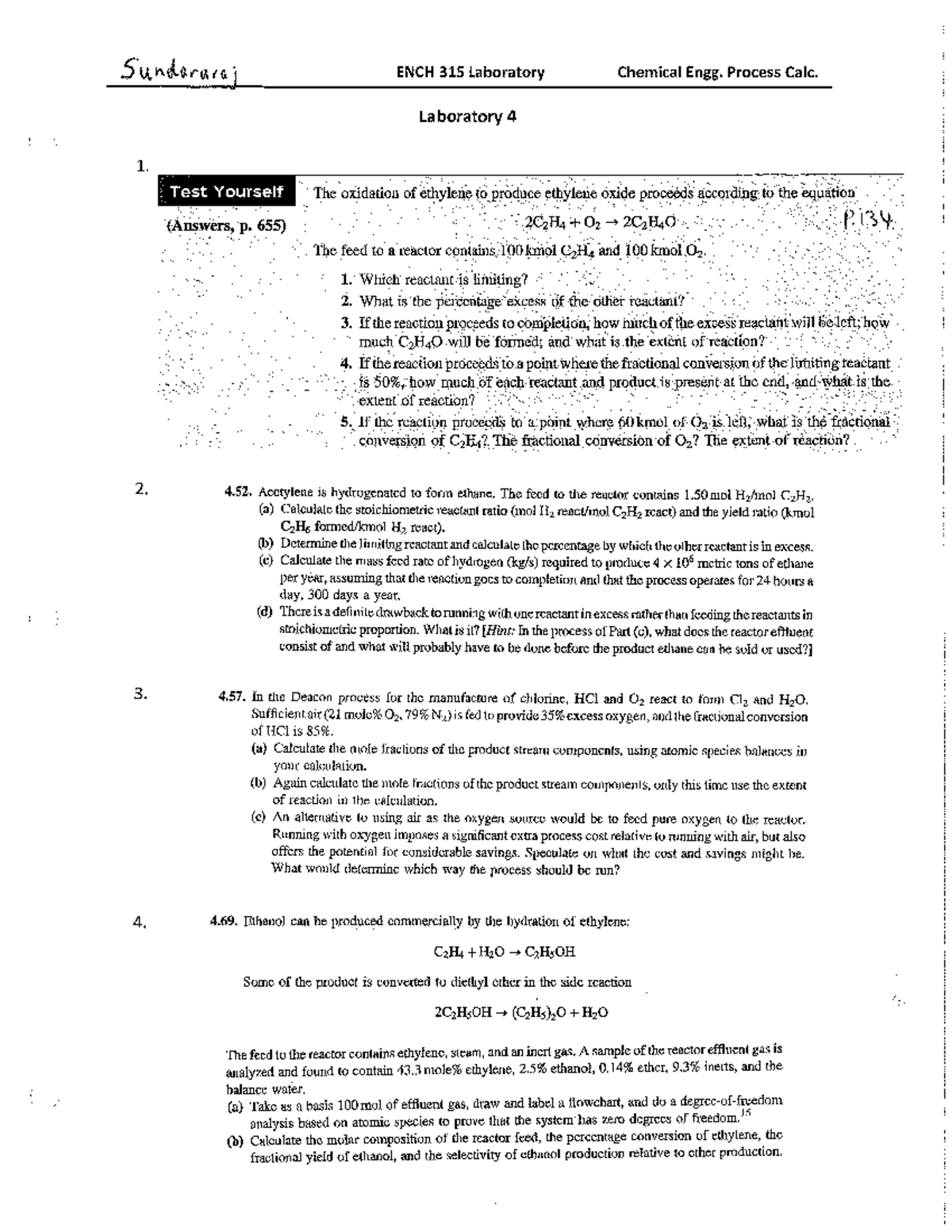 Laboratory 4 - ENCH 315 - Lab problems in tutorial component mass ...
