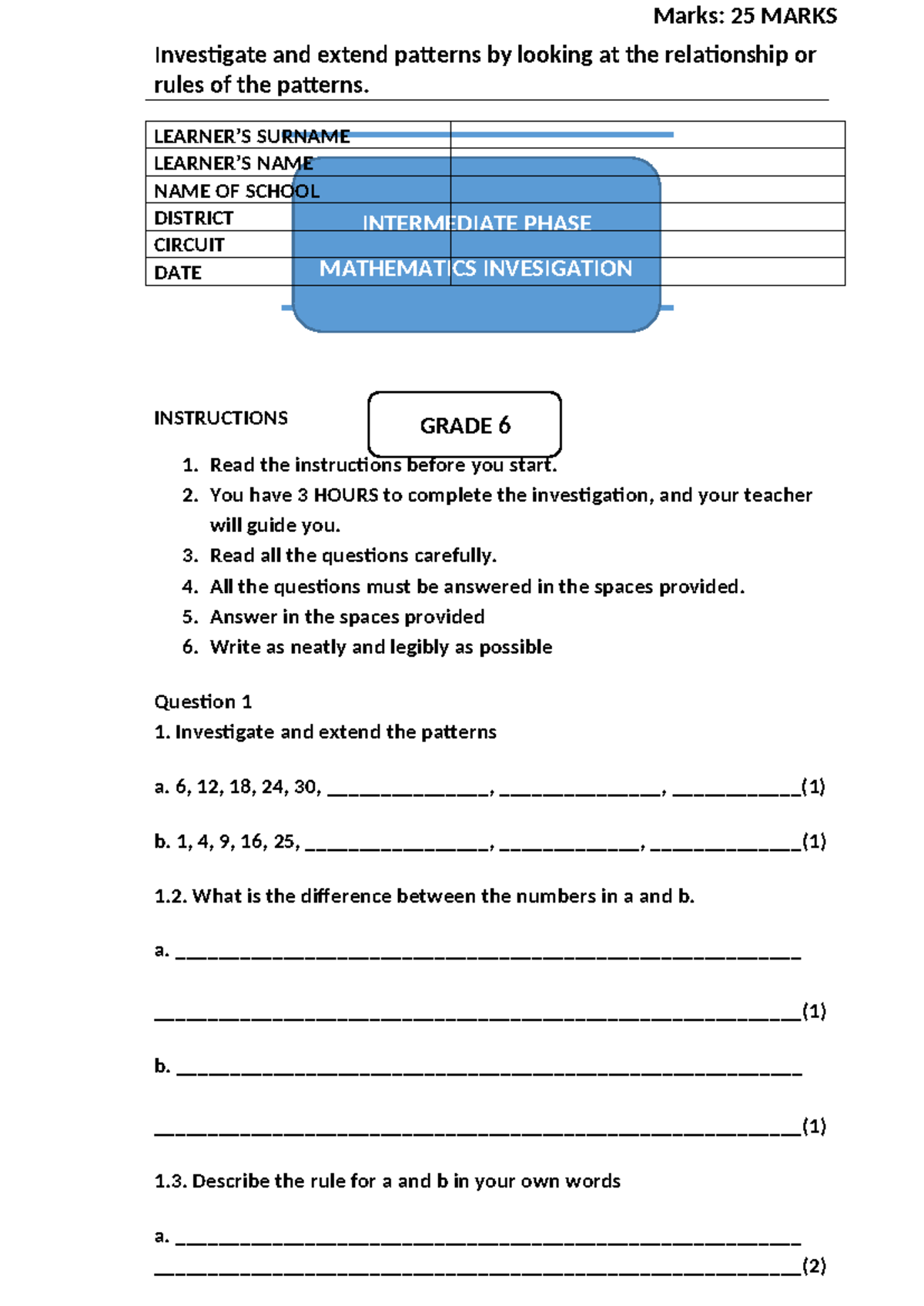 Mathematics Investigation Grade 6 TERM 2 - FOUNTAIN PRIMARY SCHOOL ...