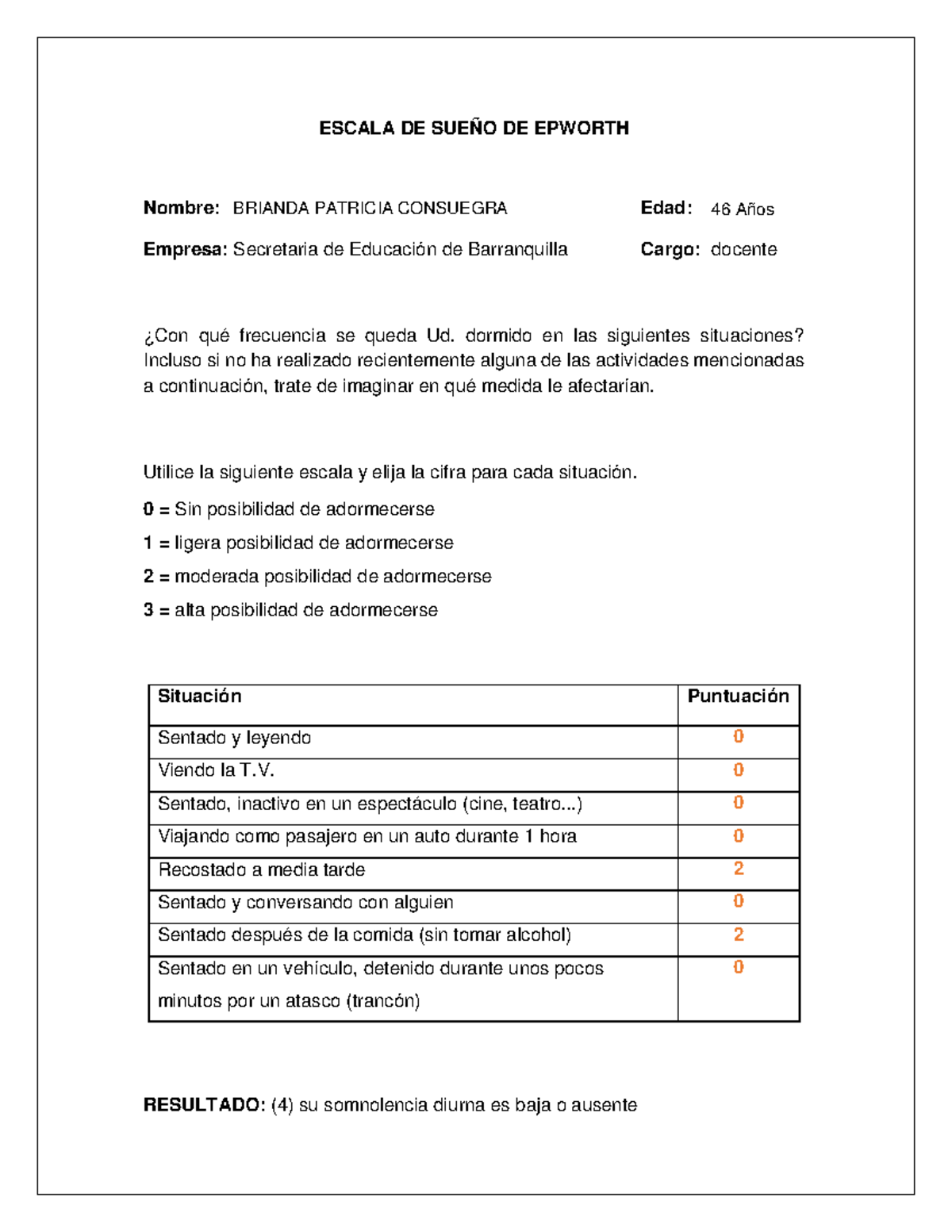 TEST DE Epworth - TEST - ESCALA DE SUEÑO DE EPWORTH Nombre: Edad: 46 ...