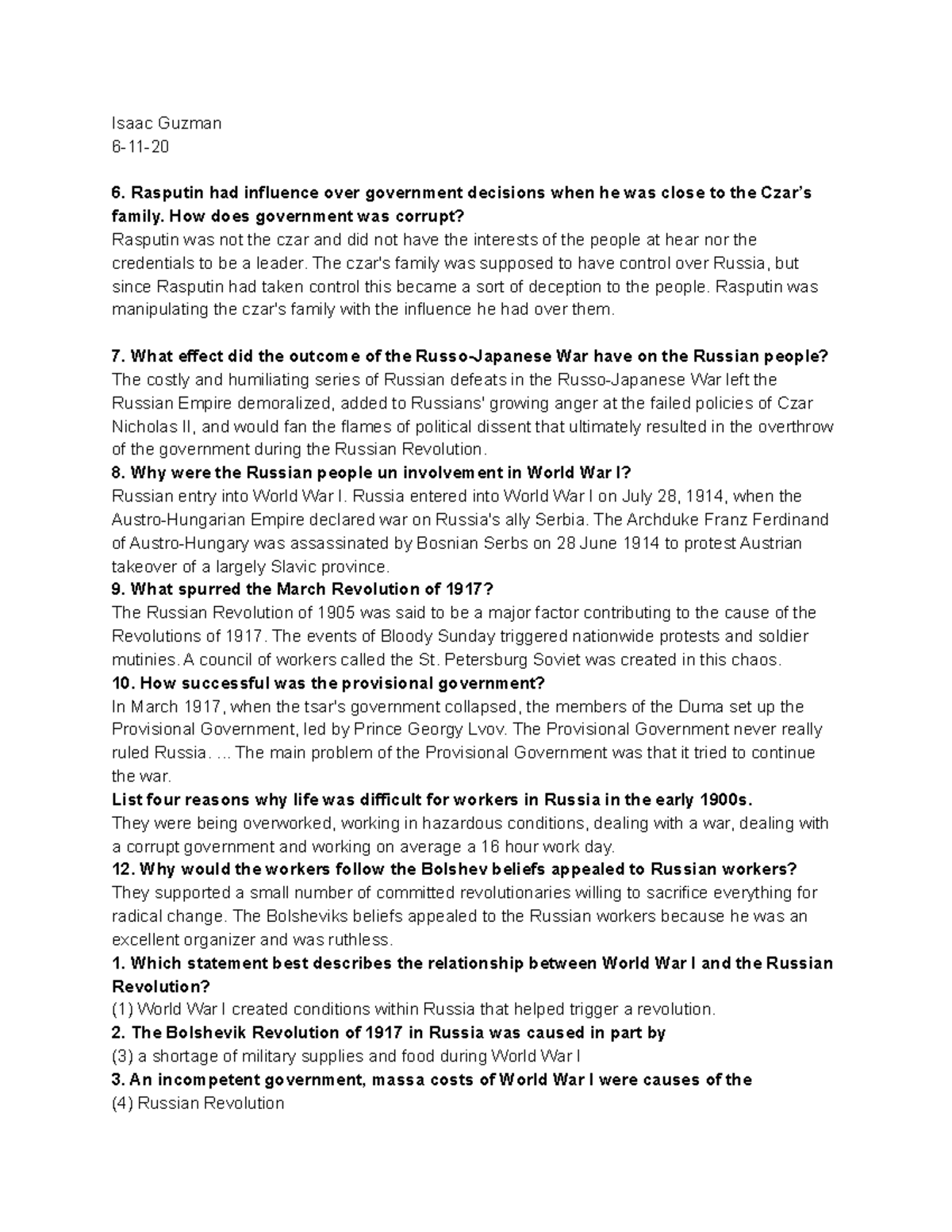 - The Russian Revolution - Isaac Guzman 6-11- Rasputin had influence ...