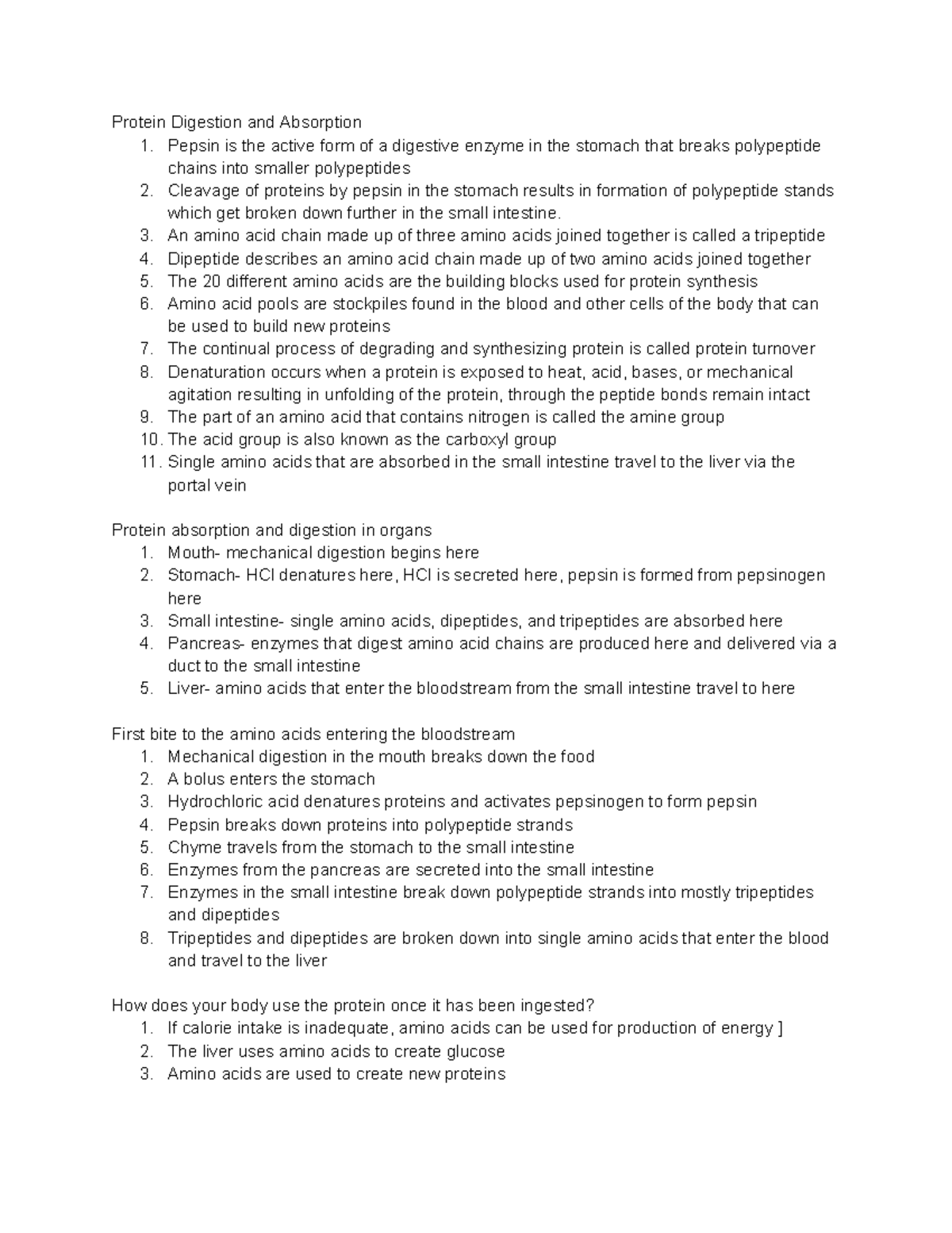 Nutrition Protein and Amino Acids Homework - Protein Digestion and ...