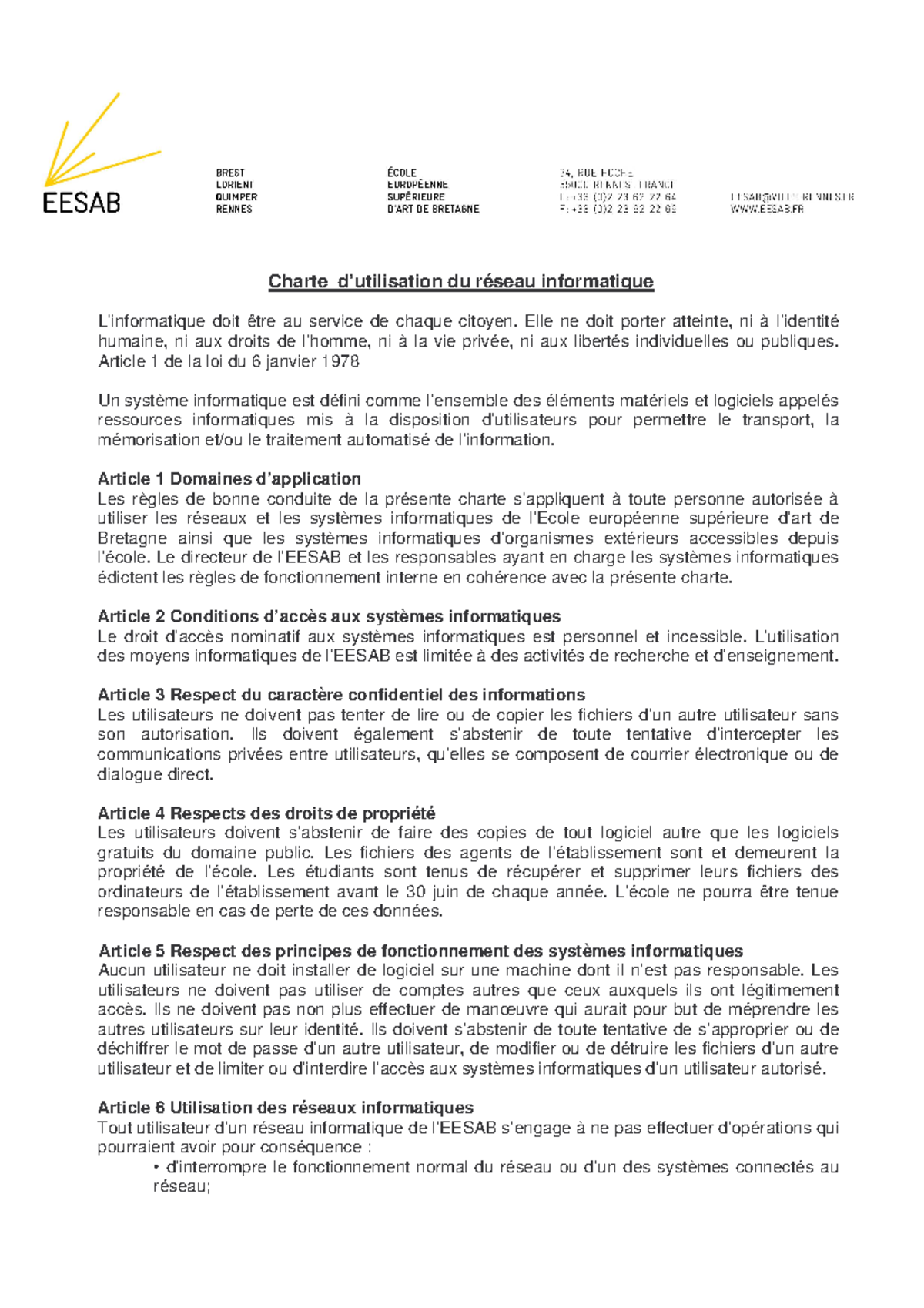 Charte informatique eesab - Charte d’utilisation du réseau informatique ...