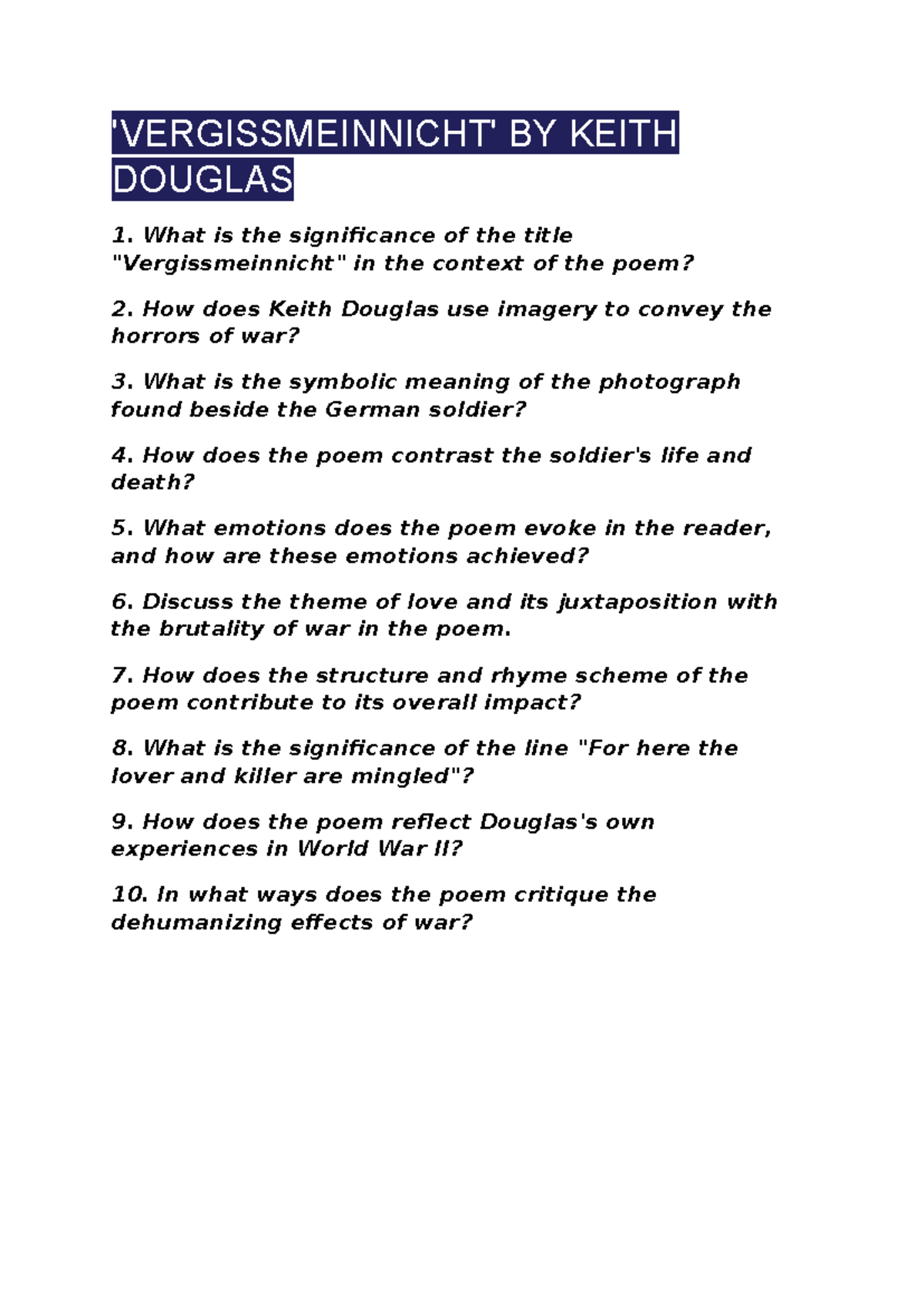 Vergissmeinnicht - this a poem - 'VERGISSMEINNICHT' BY KEITH DOUGLAS 1 ...