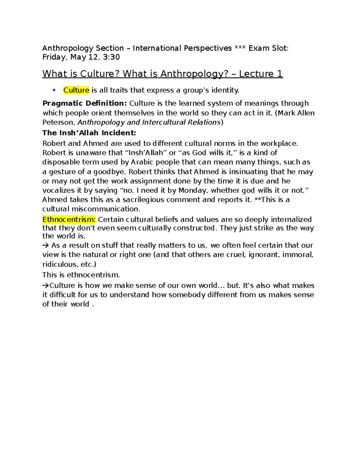Anthro Ia Lecture 1 Anthropology Section International Perspectives Exam Slot Friday