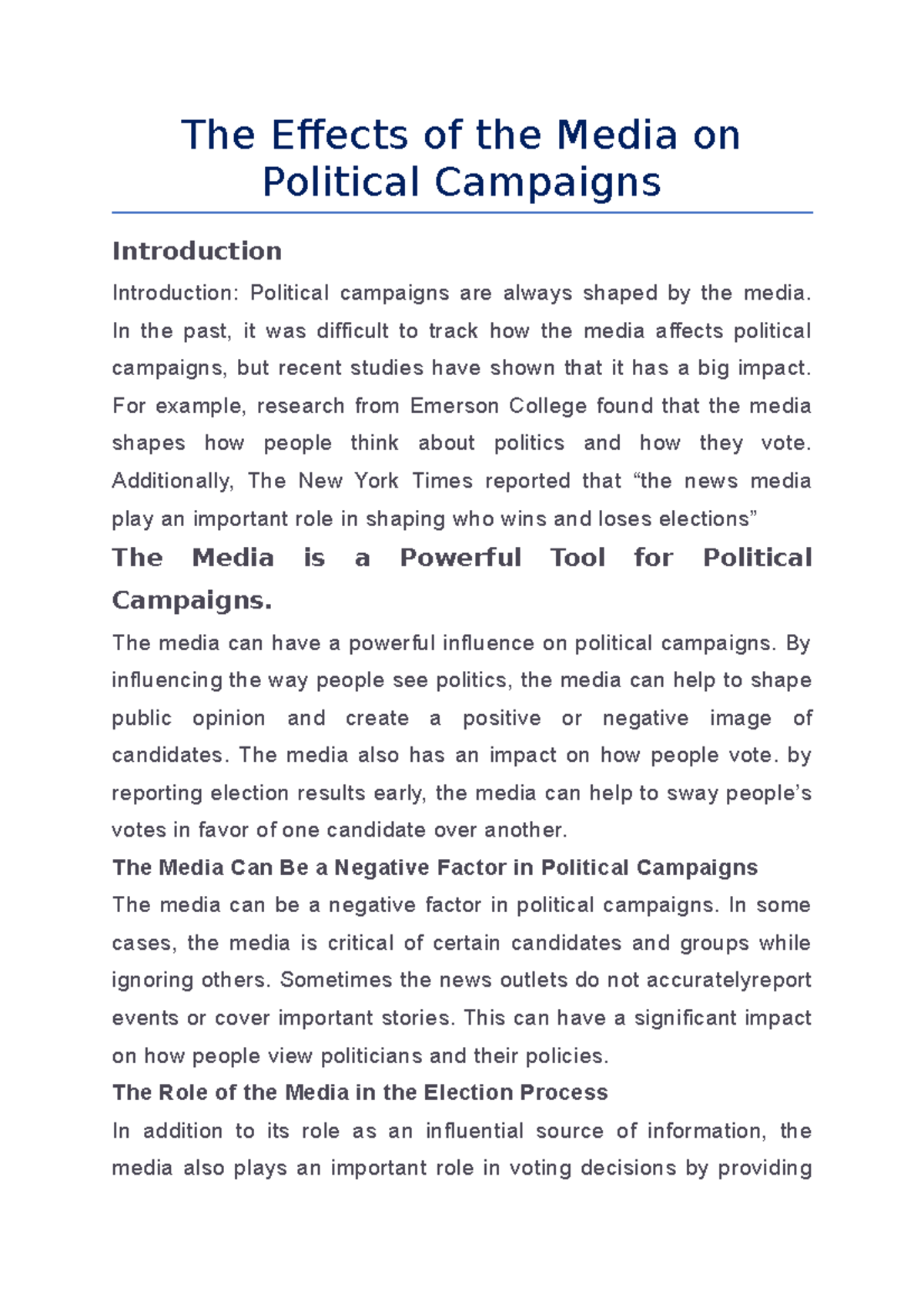 The Effects of the Media on Political Campaigns - The Effects of the ...
