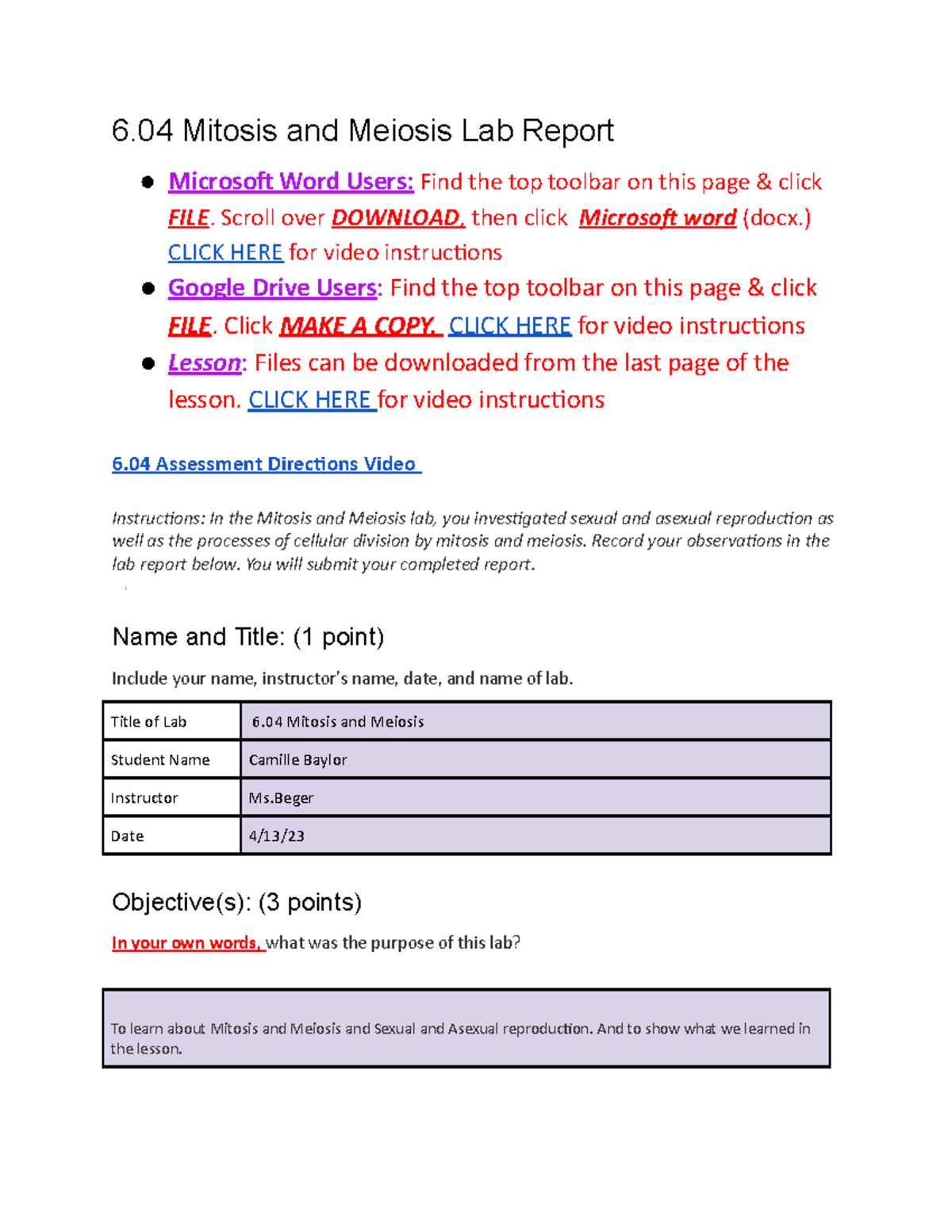Copy of 6.04 Mitosis and Meiosis Lab Report - 6 Mitosis and Meiosis Lab ...