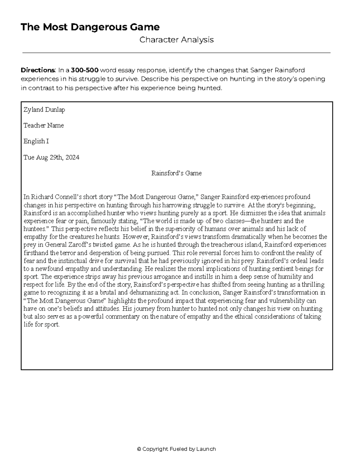 Copy of The Most Dangerous Game - Character Analysis - The Most ...