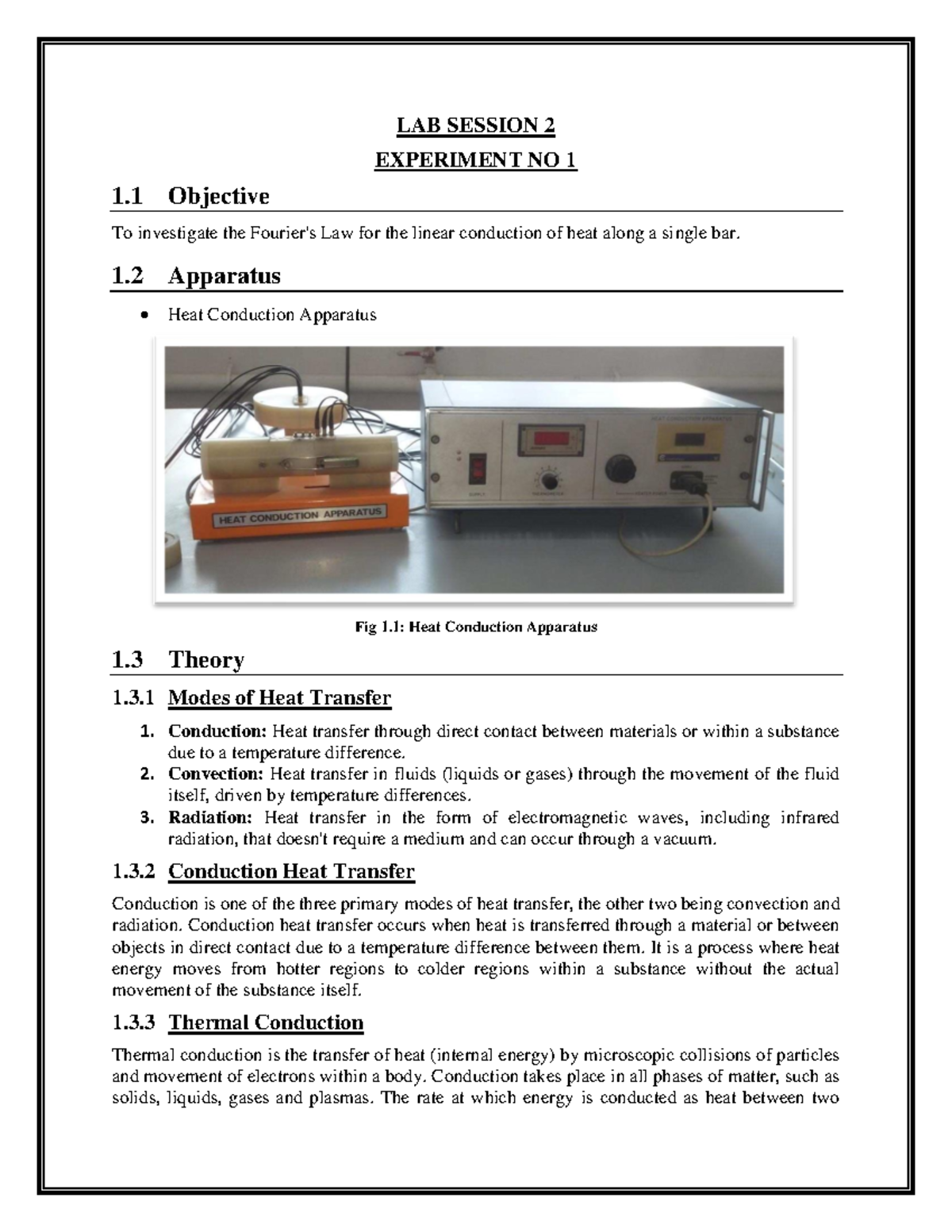 E 1 - JJJJ - LAB SESSION 2 EXPERIMENT NO 1 1 Objective To investigate the Fourier's Law for the ...
