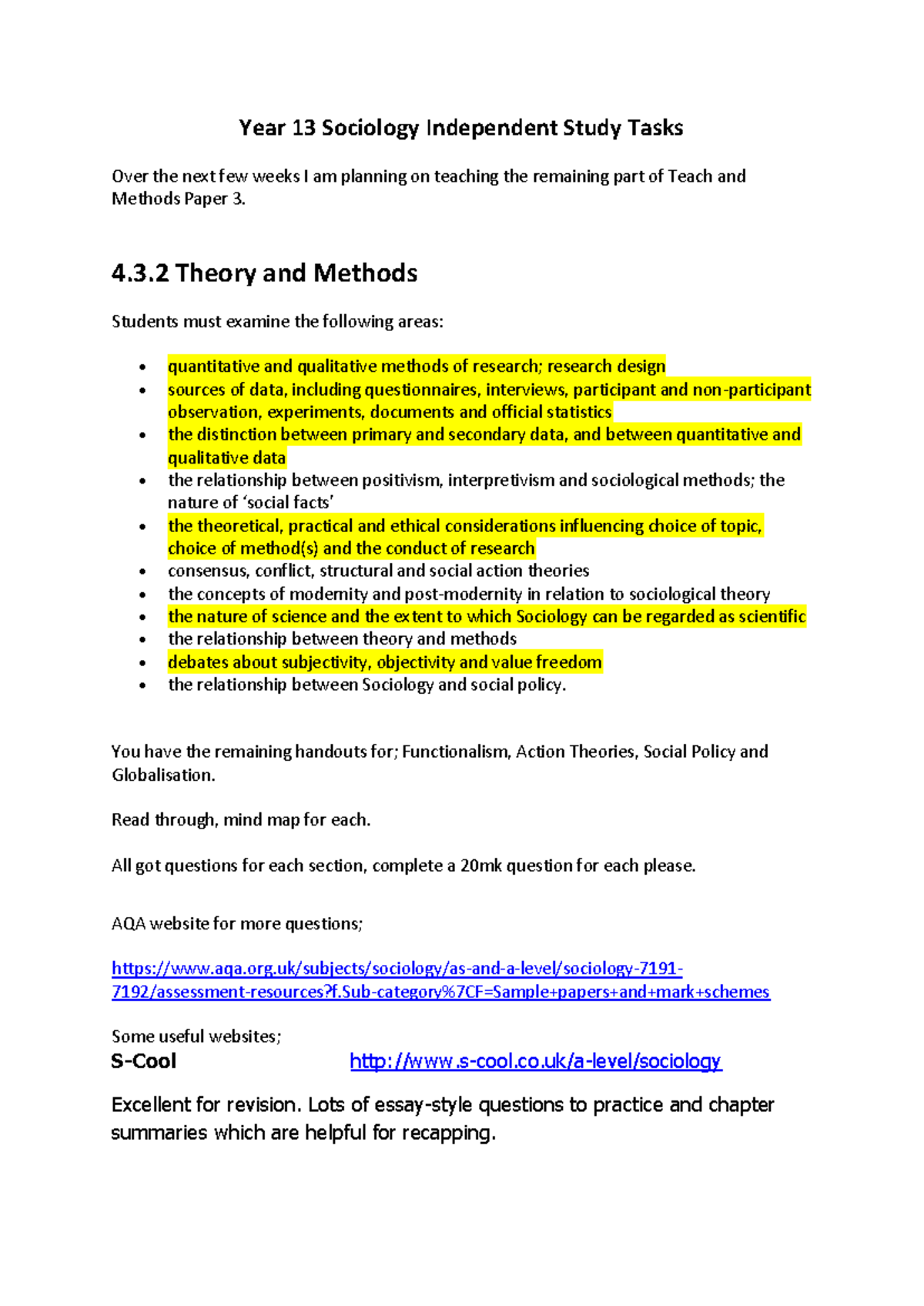 Year 13 Sociology Independent Study Tasks - 4.3 Theory and Methods ...
