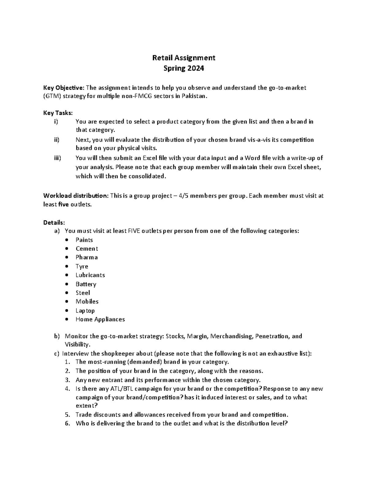 Retail Assignment - Guidelines - Retail Assignment Spring 2024 Key ...