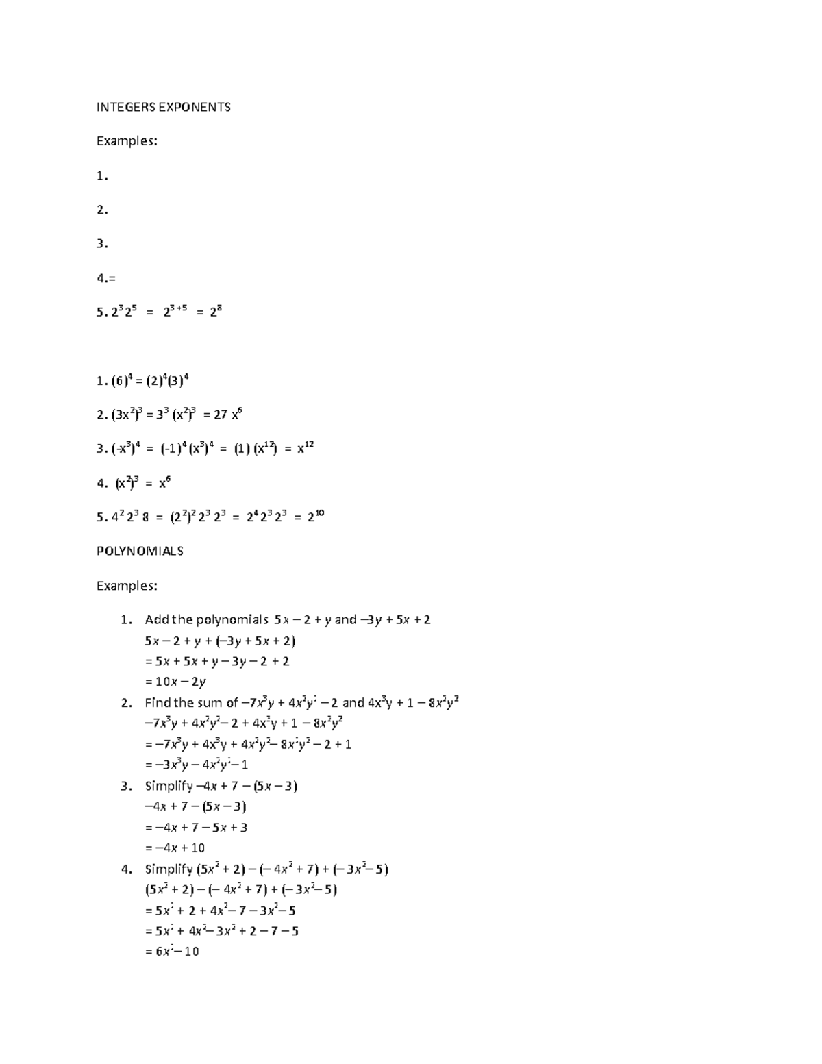 Math - Journal - INTEGERS EXPONENTS Examples: 4.= 2 3 25 = 2 3 + 5 = 2 ...