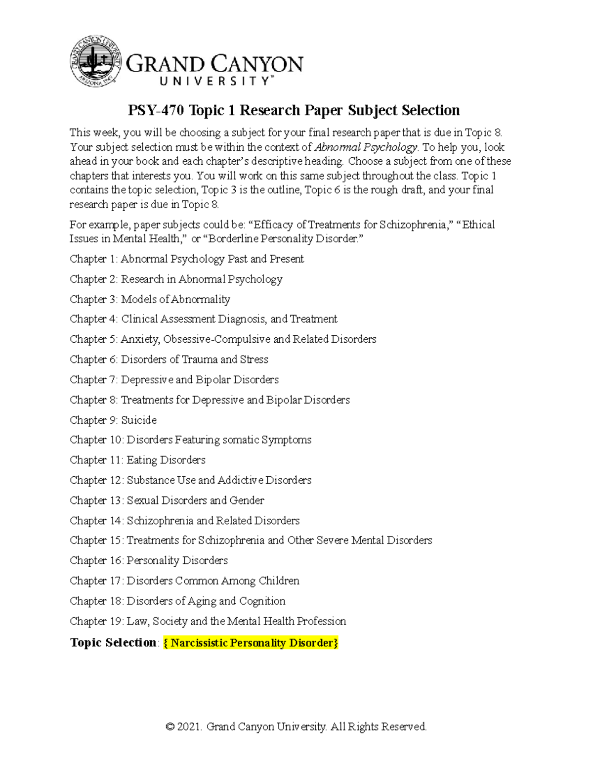 Narcissistic Personality Disorder Topic - PSY-470 Topic 1 Research ...