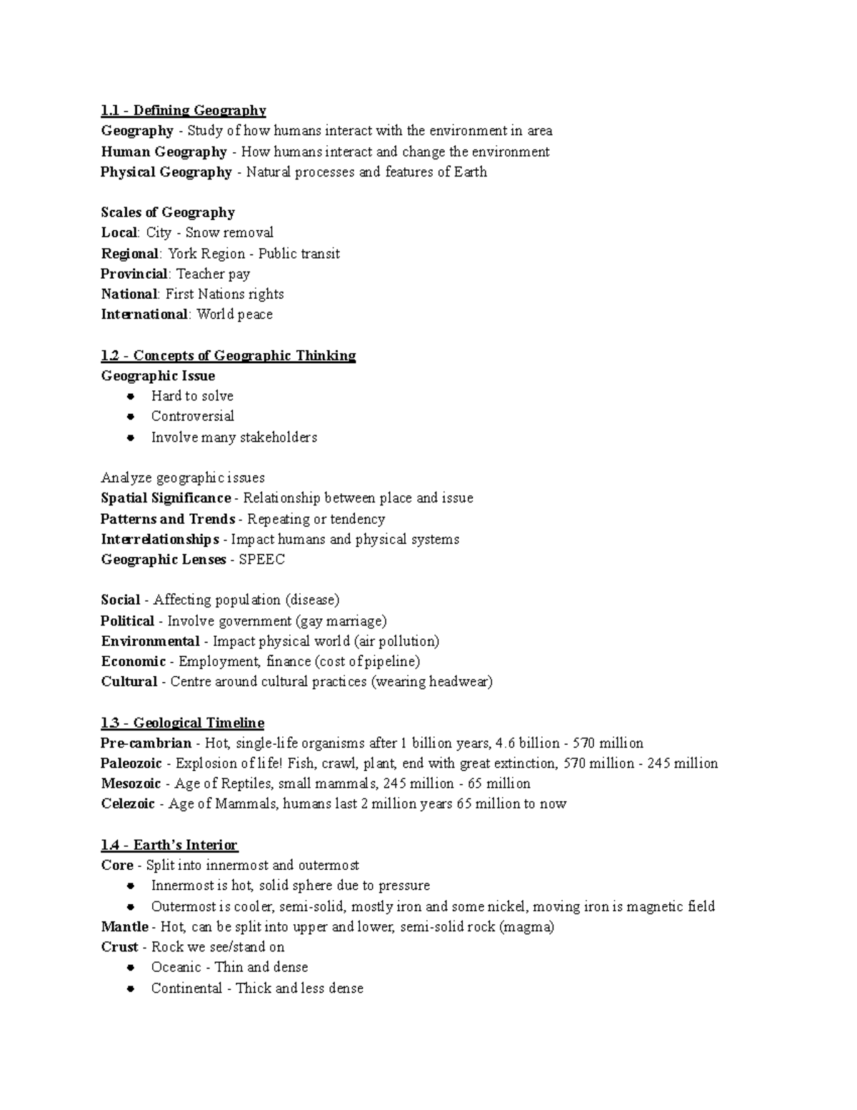 CGC1D Geography Exam Study Sheet - 1 - Defining Geography Geography ...