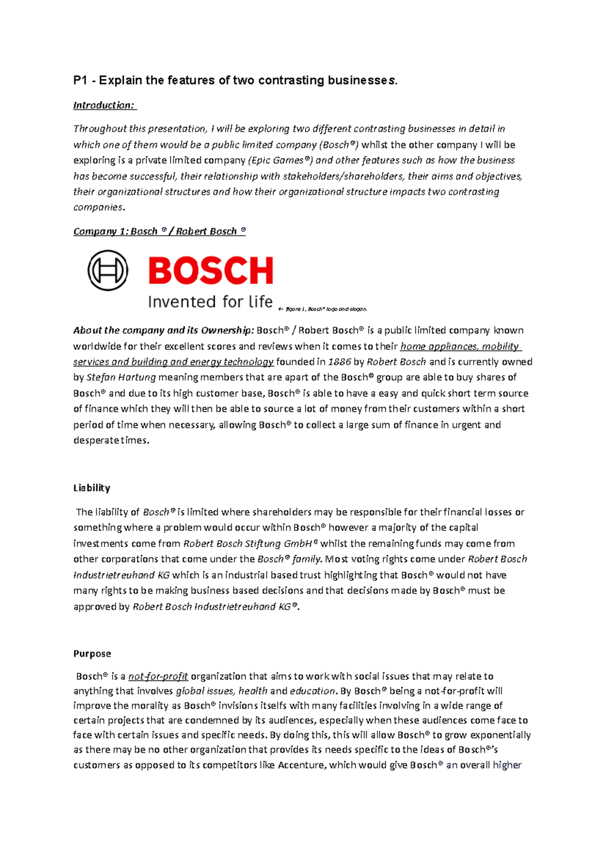 Coursework p1 and p2 exemplar(Unit 1) - P1 - Explain the features of two contrasting businesses ...