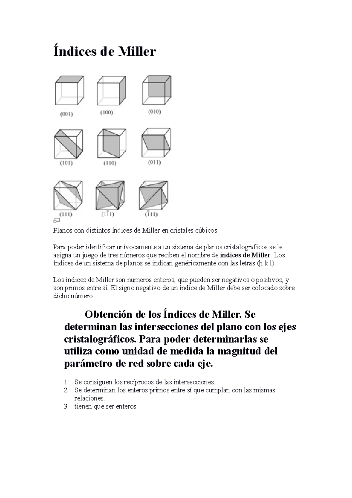 Índice de Miller - apuntes - Índices de Miller Planos con distintos ...