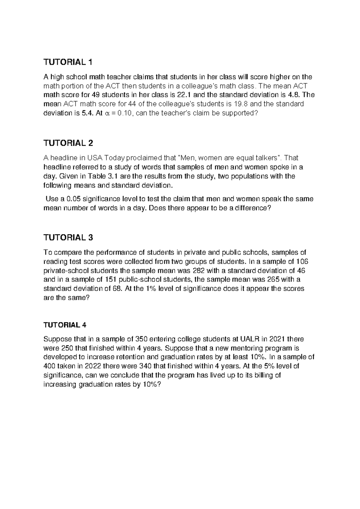 Tutorials Hypothisized TWO MEAN - A high school math teacher claims ...