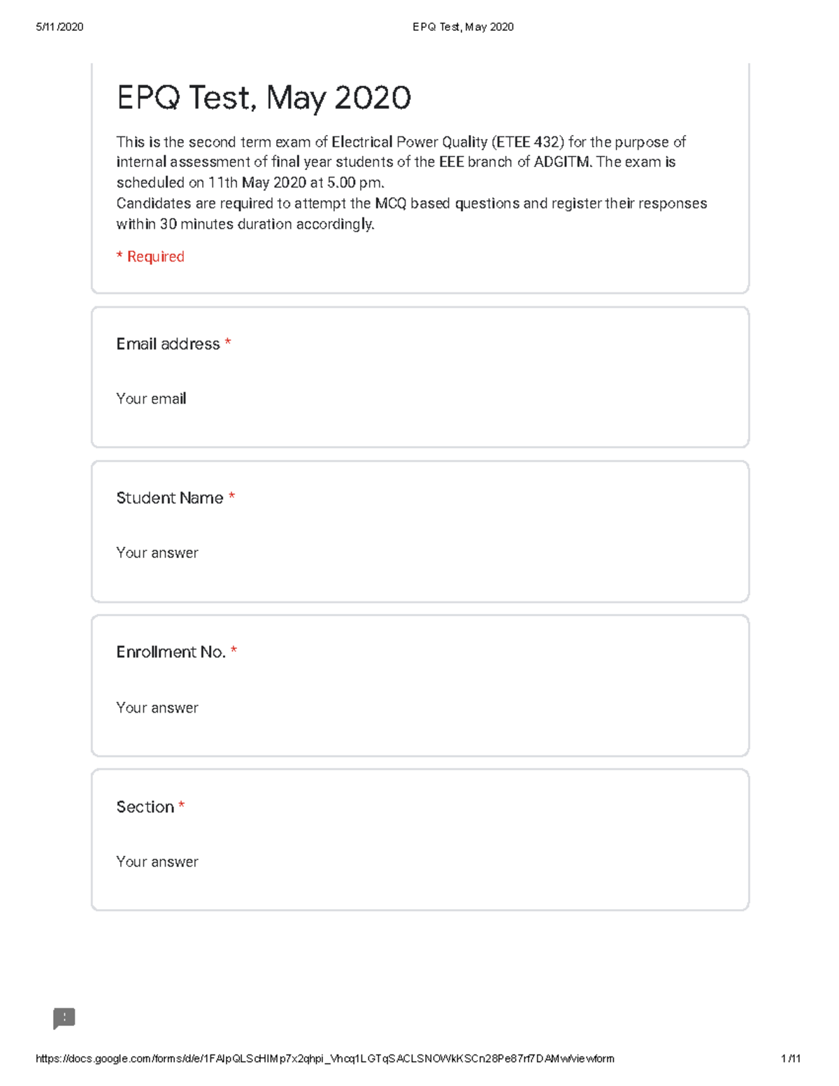 EPQ Test, May 2020 - mcq - Email address * EPQ Test, May 2020 This is ...