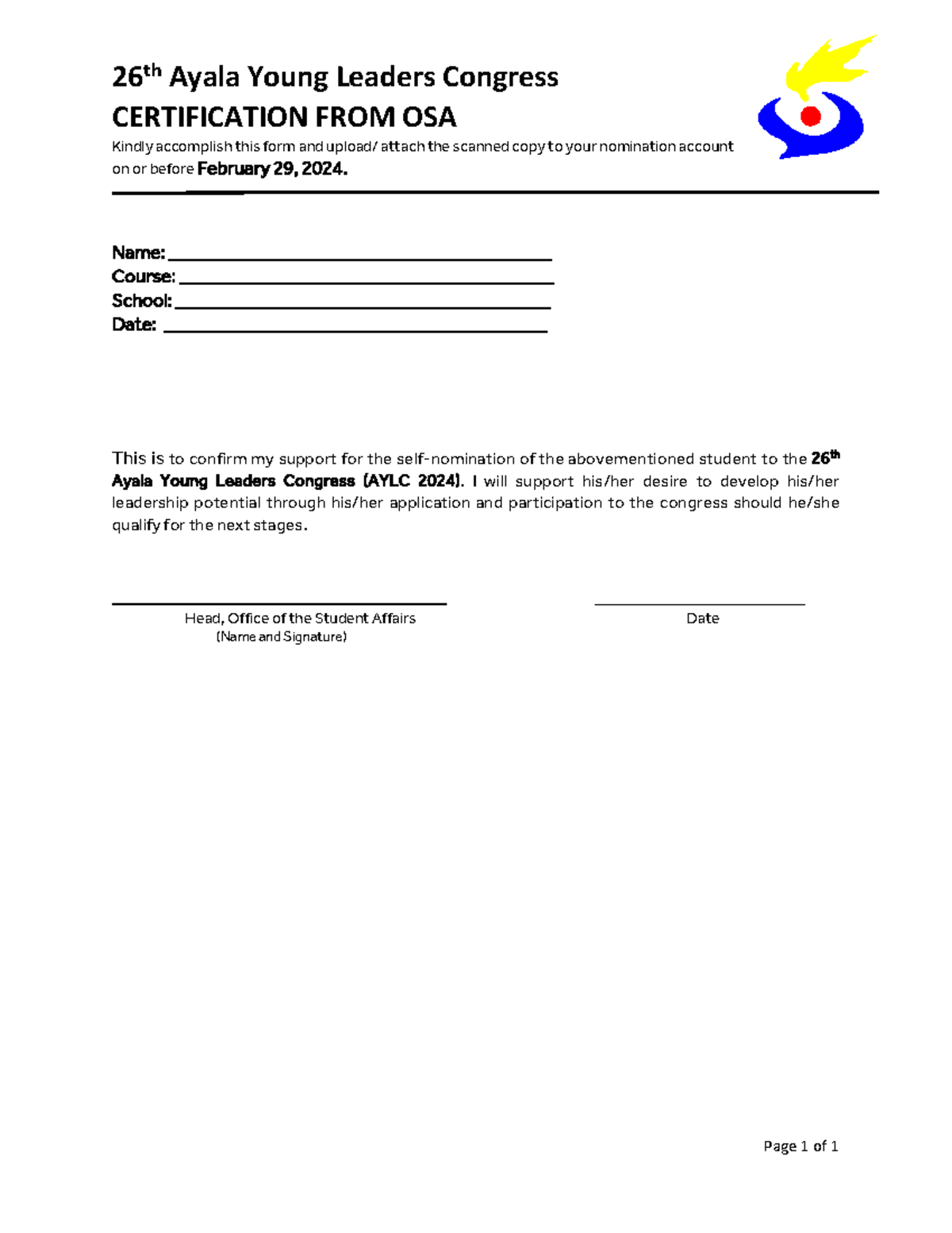 2024 Certification from Office of the Student Affairs - 26 th Ayala Young Leaders Congress - Studocu