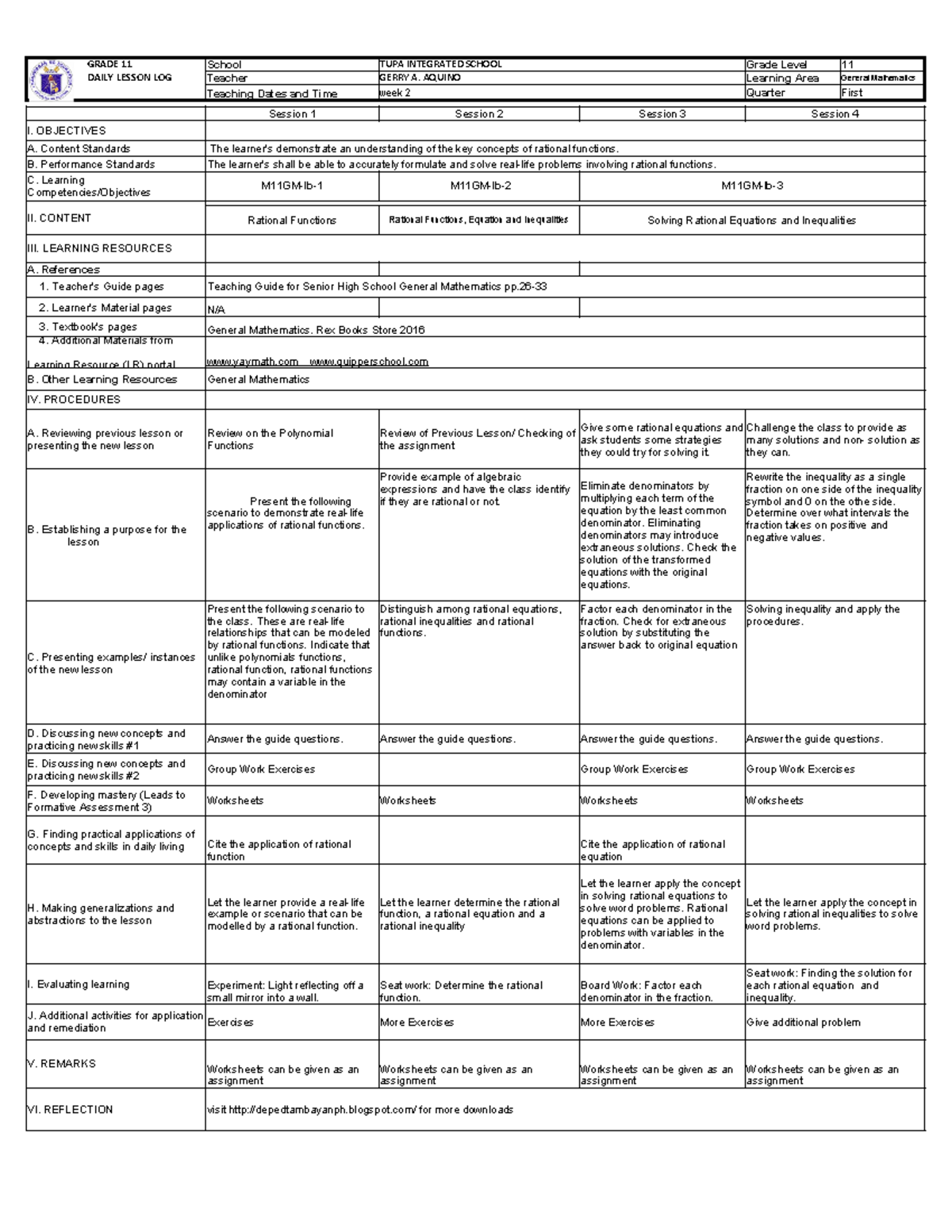 Daily Lesson Log in General Mathematics - GRADE 11 School TUPA ...