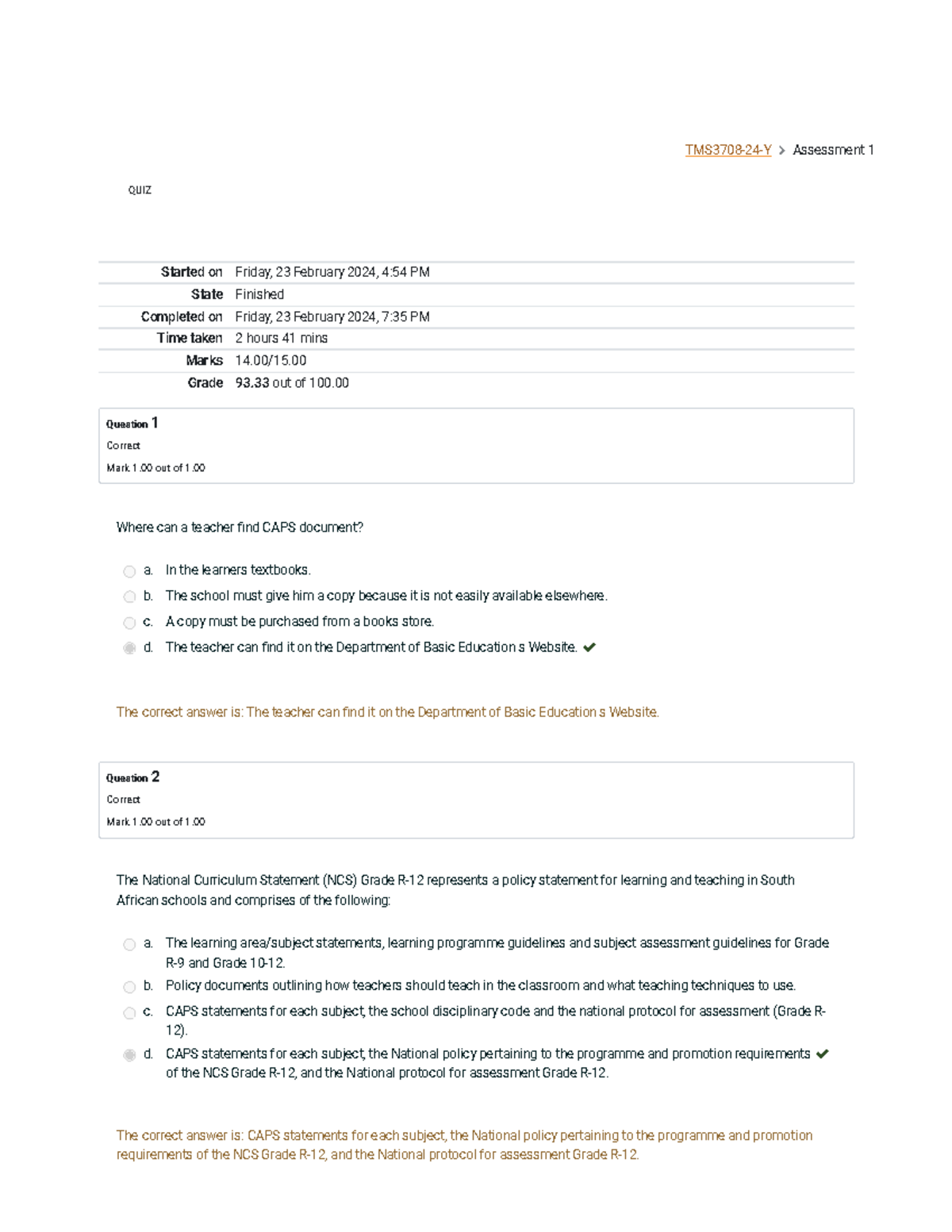 Assessment 1 tms3708 Attempt review - TMS3708-24-Y Assessment 1 Started on Friday, 23 February ...