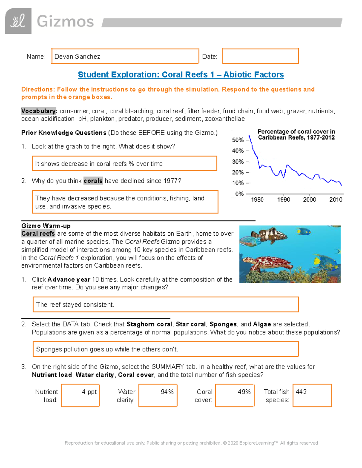 Coral Reef 1SE - Gizmo - Name: Devan Sanchez Date: Student Exploration ...