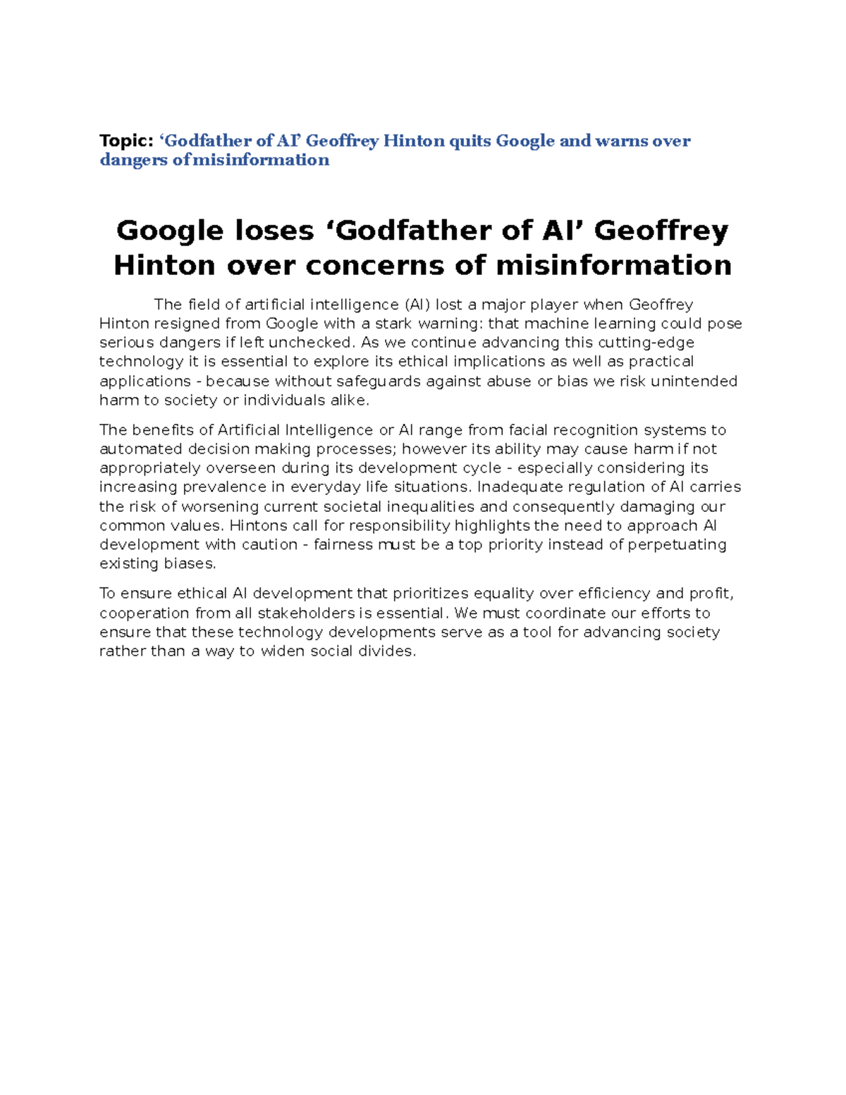 Godfather of AI left Google - Topic: ‘Godfather of AI’ Geoffrey Hinton quits Google and warns ...