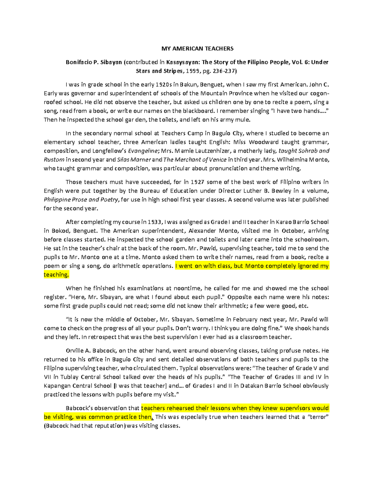 The story of Filipino People - MY AMERICAN TEACHERS Bonifacio P ...